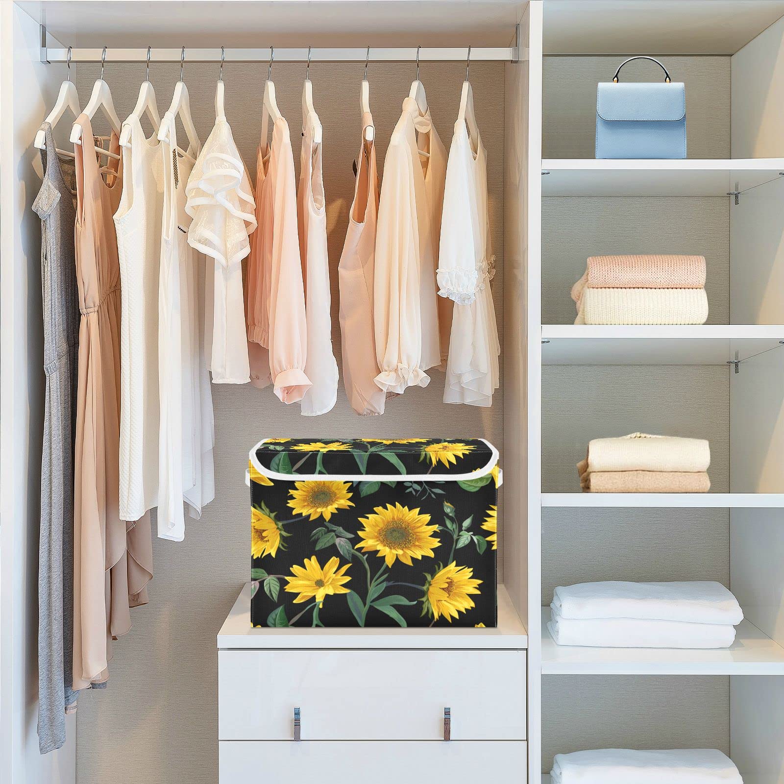 Vnurnrn Collapsible Storage Bins with Lids, Sun Flower Yellow Flowers Foldable Storage Boxes, Storage Box Cube with Lid for Clothes,Bedroom,Toys,16.5x12.6x11.8 Inch