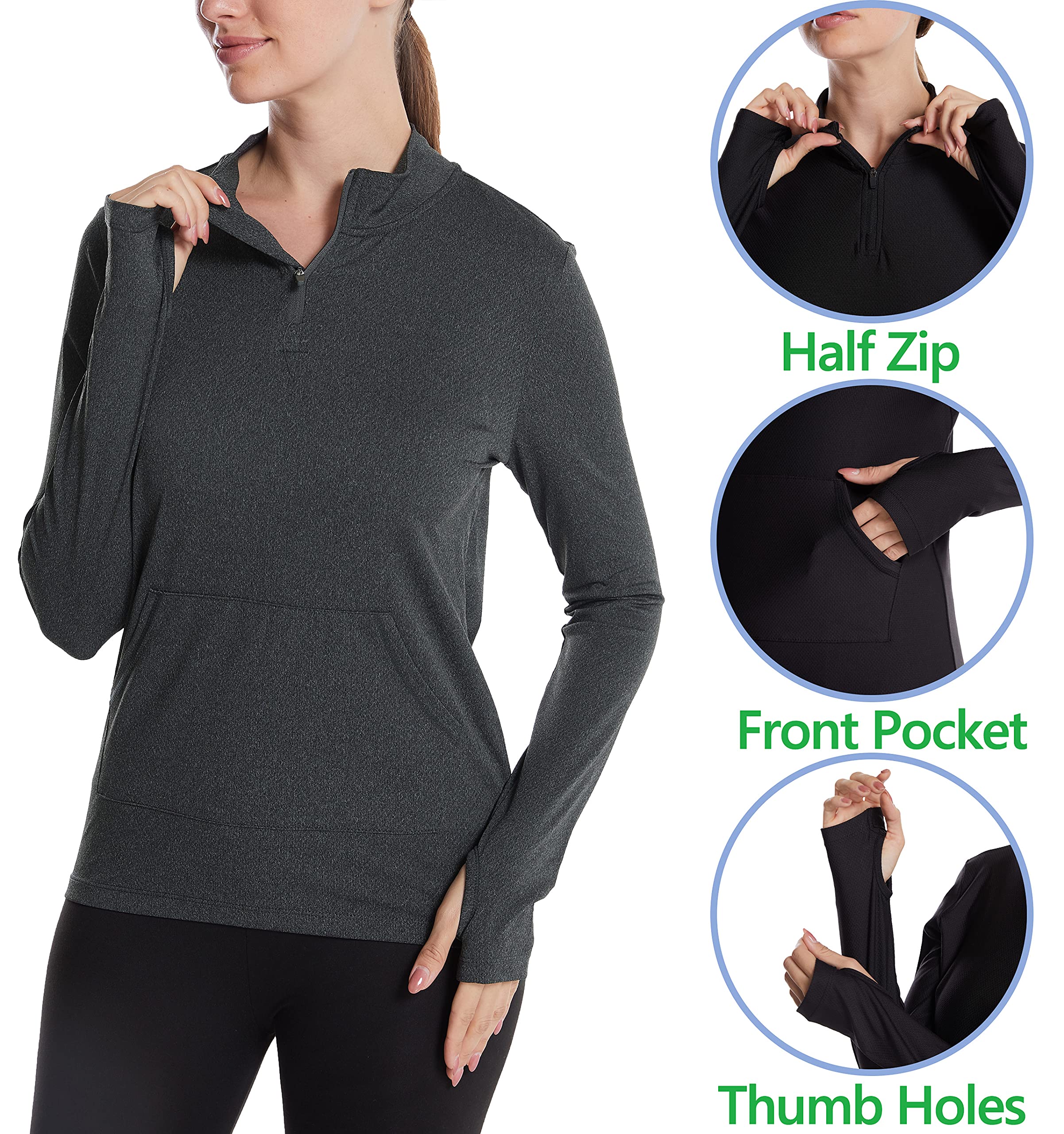 Women Quarter Zip Hiking Pullover Long Sleeve Lightweight Golf Tops Half Zip Running Pullover Yoga Shirts Athletic Tops with Thumb Holes Grey XL