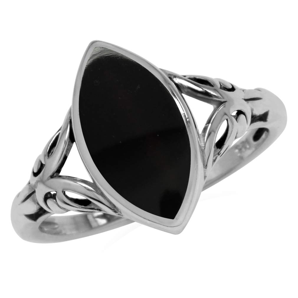 Silvershake 14x7MM Natural Marquise Shape Black Onyx 925 Sterling Silver Filigree Ring Size 9