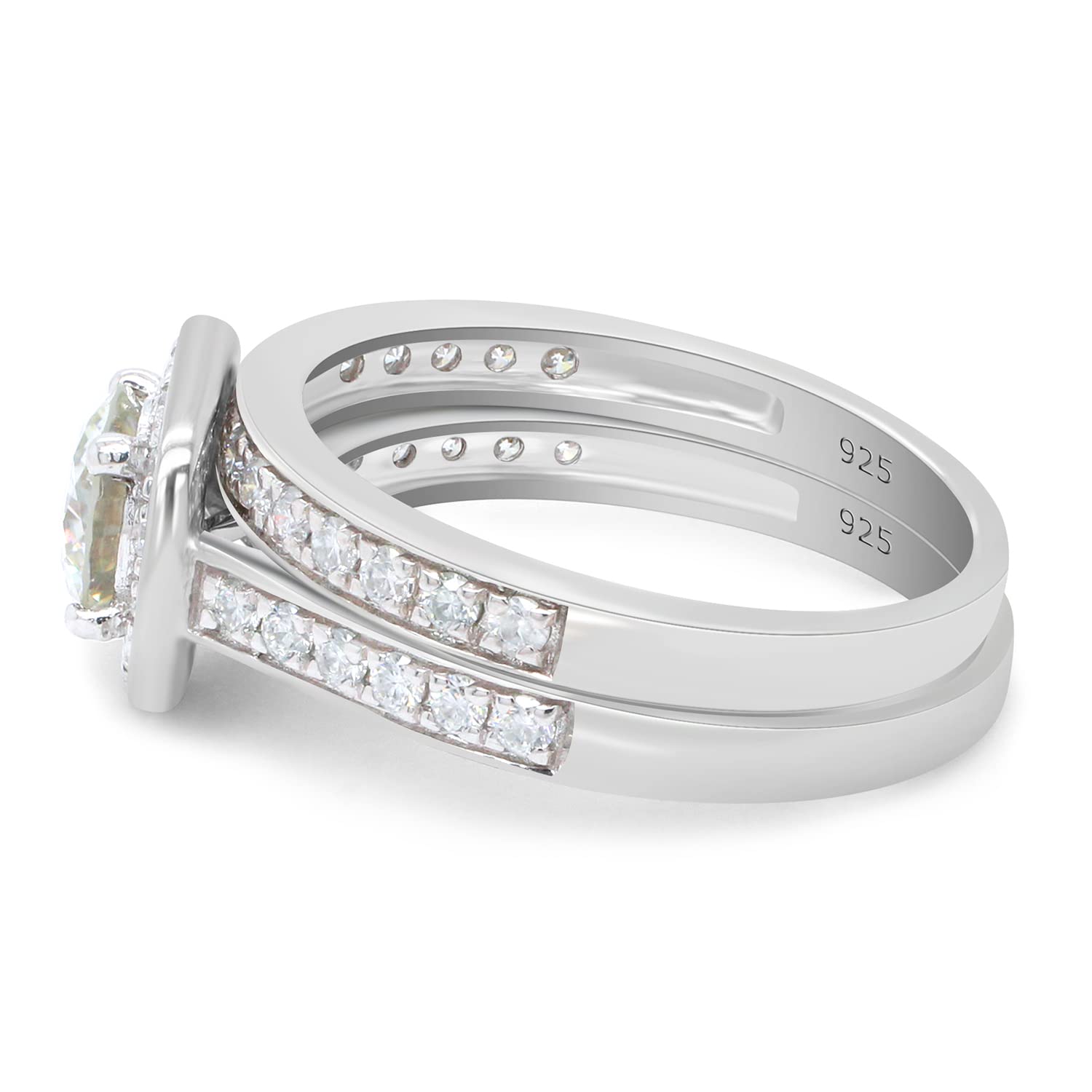 SAVEARTH DIAMONDS 14K White Gold Over Sterling Silver 1 3/4 Carat 6.5MM G-H Color Moissanite Lab Created Diamond Halo Engagement Wedding Ring Set 2 Pieces (1.75 Cttw) Ring Size-8