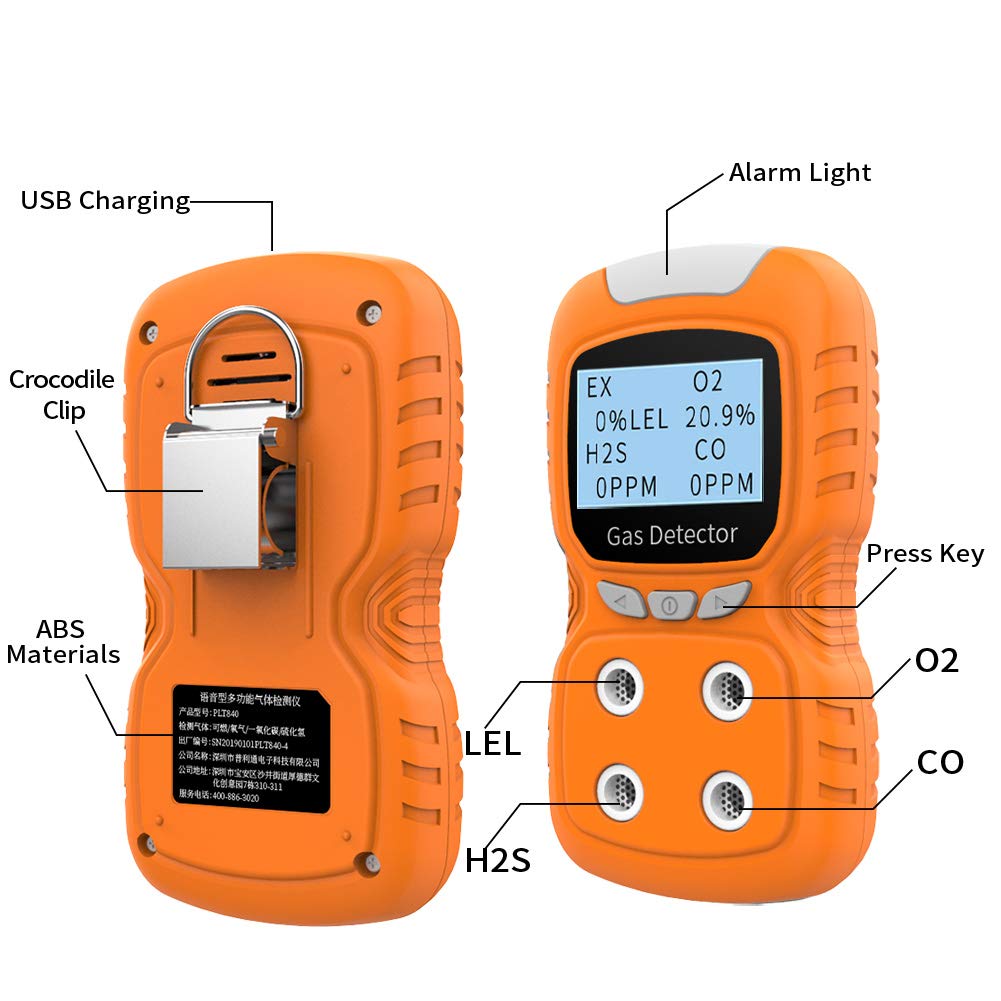 XLA Alert Portable Gas Detector, Gas Clip 4 Gas Monitor Meter Tester Analyzer, Rechargeable LCD Display Sound Light Shock Air Quality Tester, 2 Year Detector…