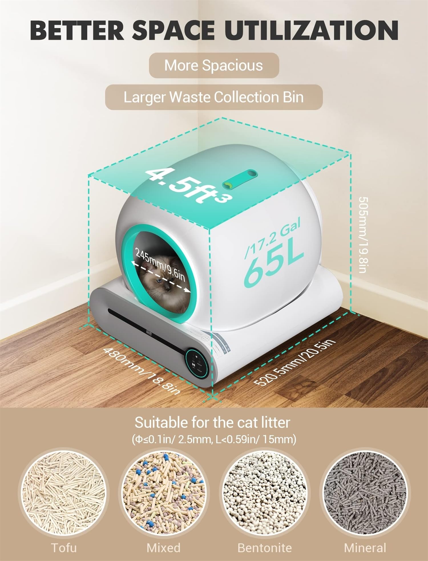 Smart Electronic Self Cleaning Big Automatic Enclosed Cat kitty Litter Toilet Box, Spacious Large (45 ft³, 17.2 Gal), Auto Clean Cat Litter Box with APP Control