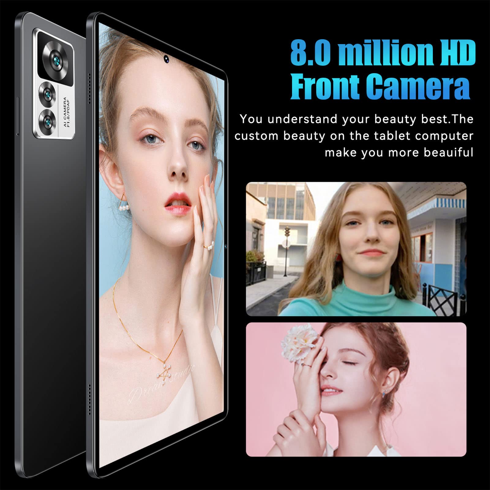 Vikye 10.1 Inch Tablet Black FHD 8GB RAM 256GB ROM Octa Core CPU Dual Camera 5G WiFi 4G LTE Tablet with Case Keyboard 100‑240V (US Plug)