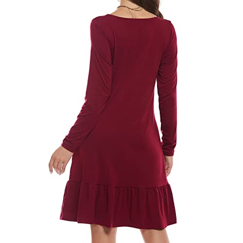 Women Ruffle Dress Loose Splicing Long Sleeve A-Line Dress Solid Color Round Neck Stretch Dress with Pockets