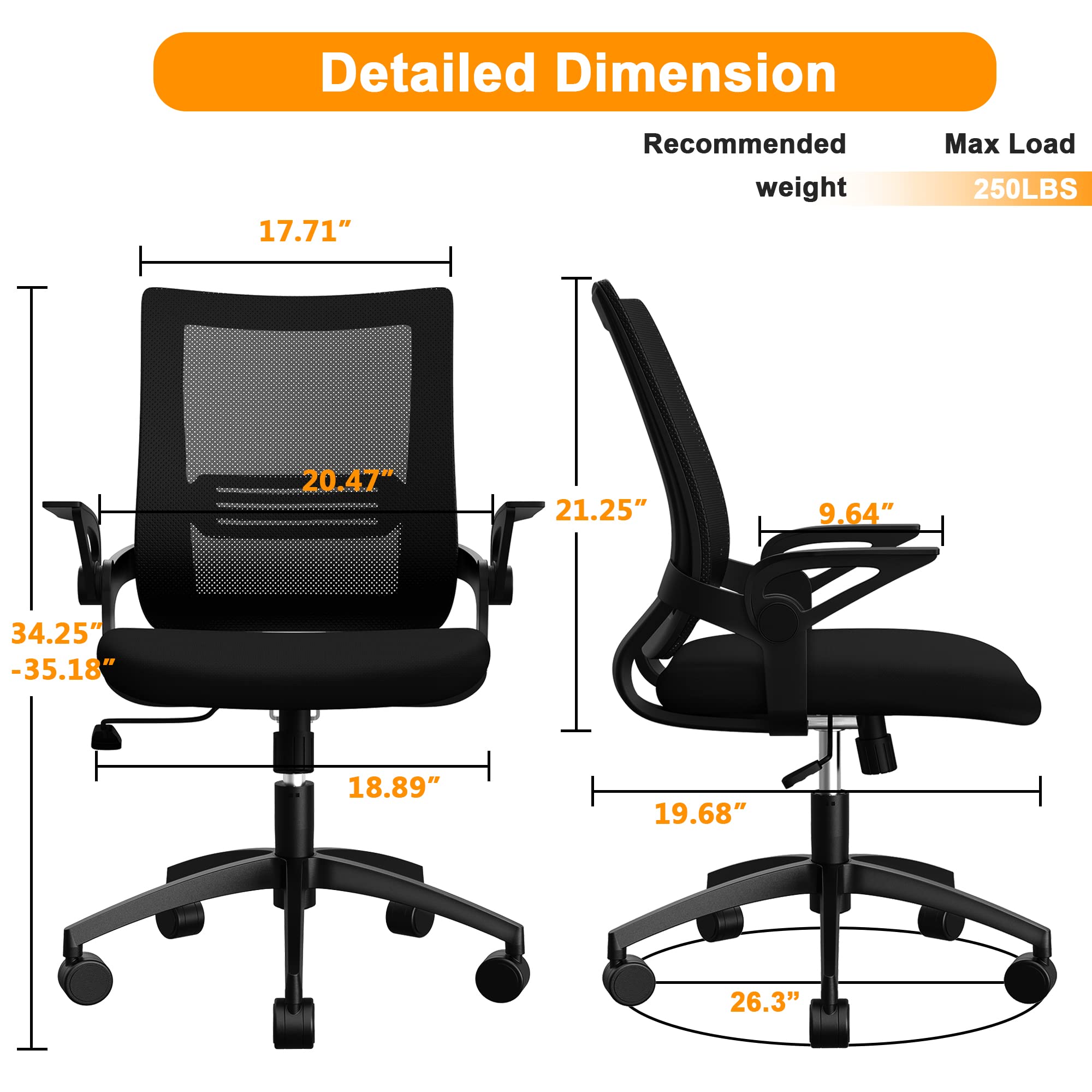 Office Chair, Ergonomic Desk Chair,Mesh Mid Back Height Computer Chair with Adjustable Height and Flip-up Armrests,Backrest with Breathable Mesh
