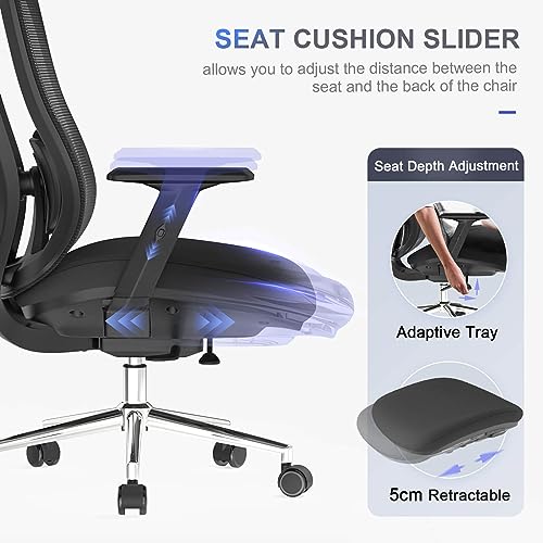 Office Chair, Ergonomic Desk Chair with Seat Slider, 4D Pillow Lumbar Support Height & Depth Adjustment, Tilt Lock, Adjustable Headrest & Armrest, Curved Cushion Computer Chair Home Office Desk Chairs