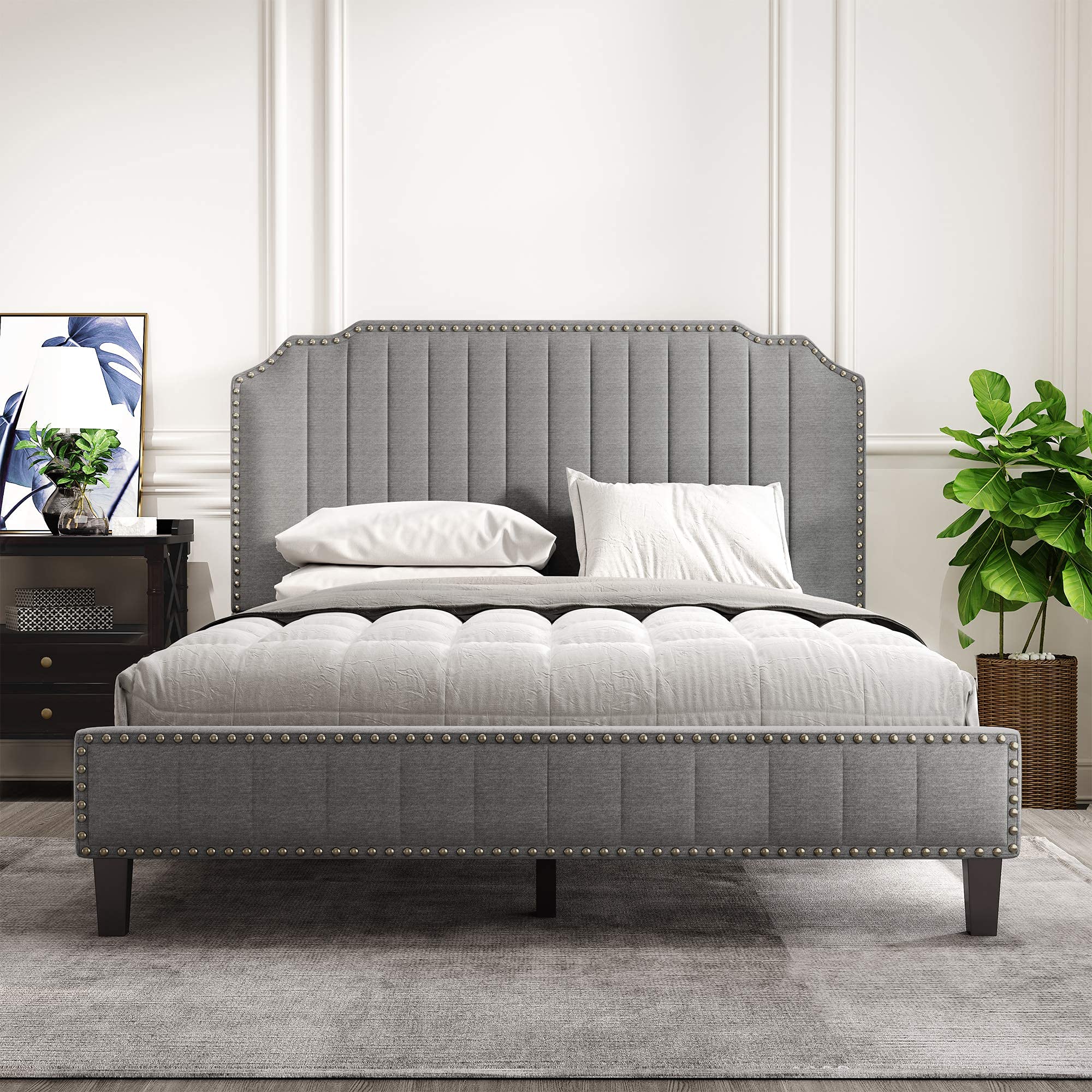 Tmosi Queen Size Upholstered Platform Bed Frames with Headboard, Modern Linen Curved Bedroom Furniture with Wood Slat Support, No Box Spring Needed (Grey)