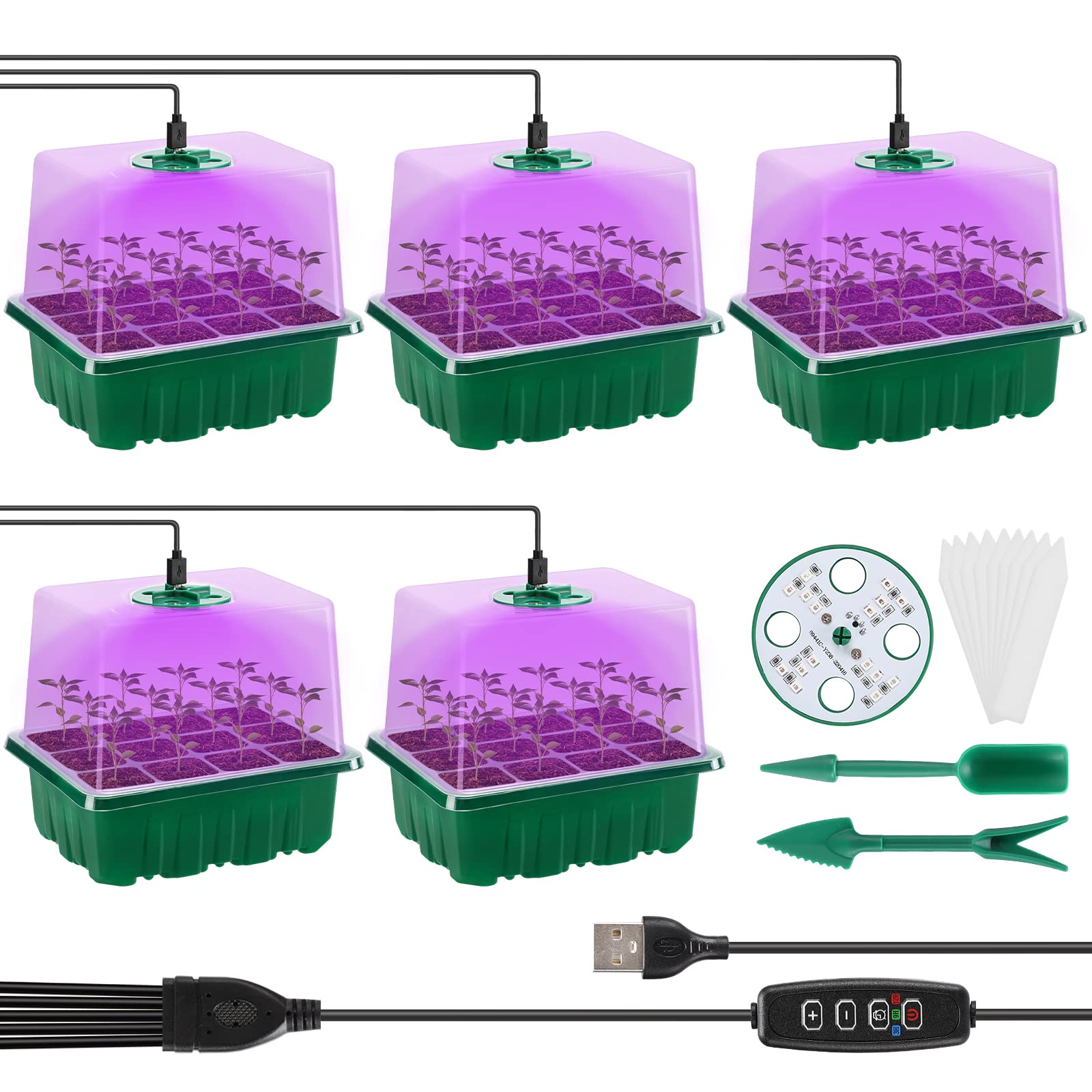 Seed Starter Tray with Grow Light丨5 Pcs Seed Starter Kit (12 Cells Per Tray) with 78in Timing Controller Adjustable Brightness and Humidity丨Indoor Gardening Plant Trays for Flowers, Vegetables, Fruits