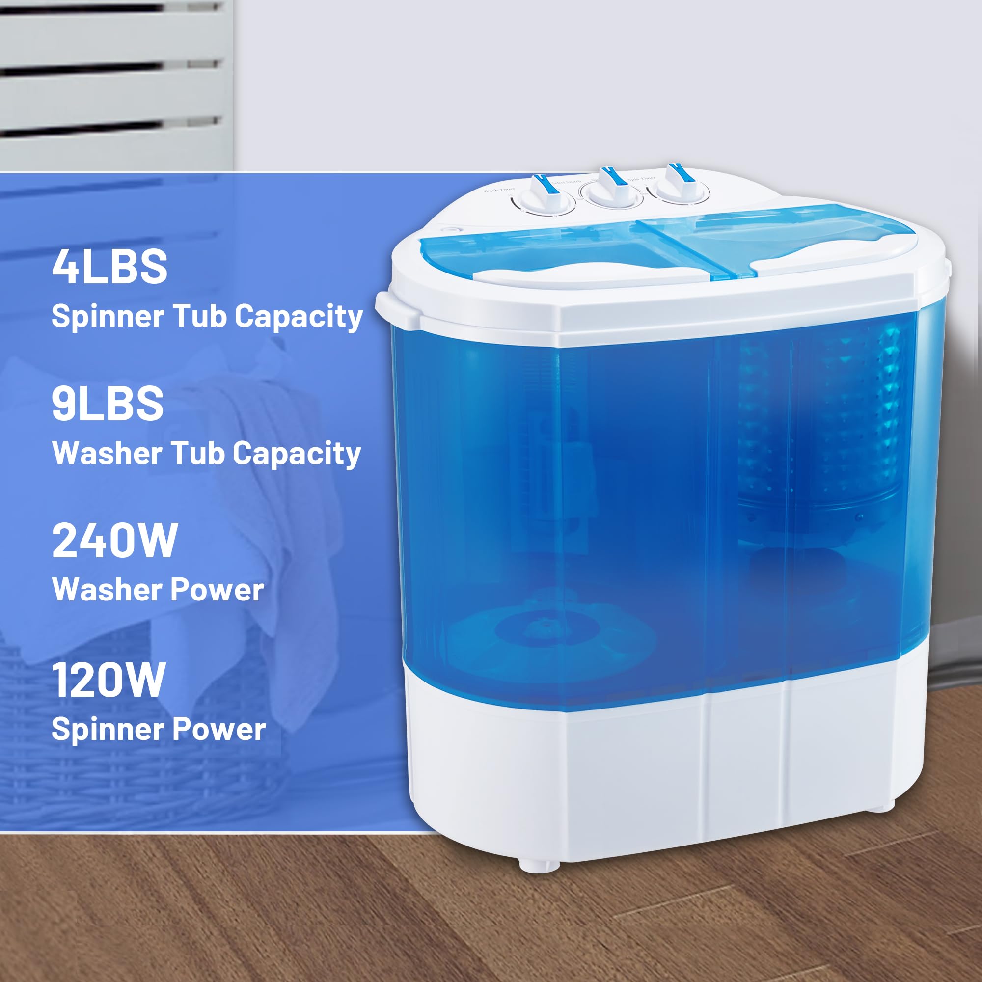 Outspurge Portable Washing Machine, 13lbs Twin Tub Washer 2 In 1 Mini Compact Laundry Machine, 9lbs+4lbs Washer and Spinner Combo for Dorms, Apartments, RVs(Blue)