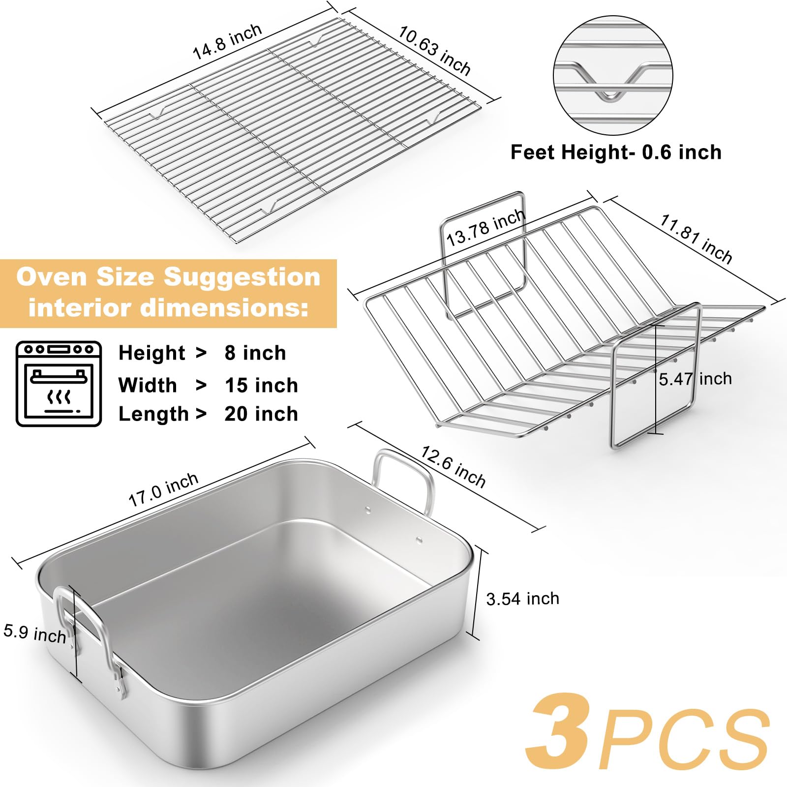 Roasting Pan, Deedro 17*13 Inch Stainless Steel Turkey Roaster with Rack - Deep Broiling Pan & V-shaped Rack & Flat Rack, Non-toxic & Heavy Duty, Great for Thanksgiving Christmas Roast Chicken Lasagna