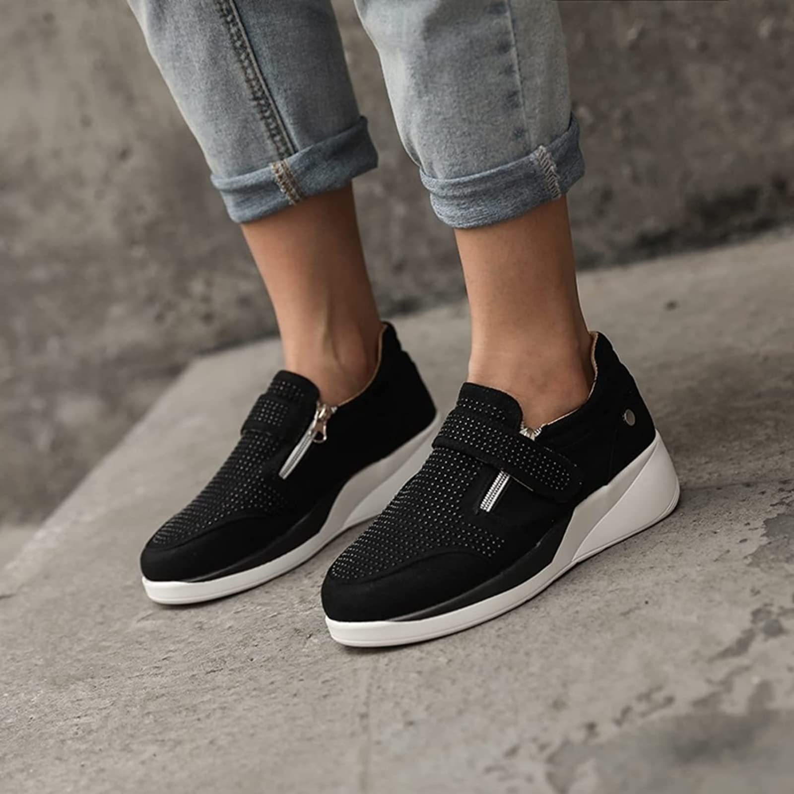 Women's Orthopedic Rhinestone Sneakers,Arch Support Walking Fashion Casual Glitter Bling Shoe (Black,7.5)