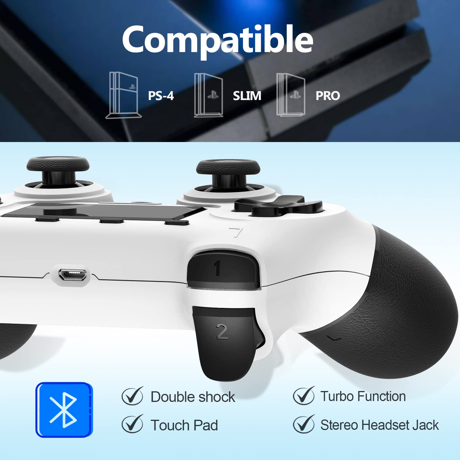 TERIOS Gaming Controller Compatible with PS4/Pro/Slim, Wireless Controller with Enhanced Dual Shock/Superior Control and Shot Precision (White)