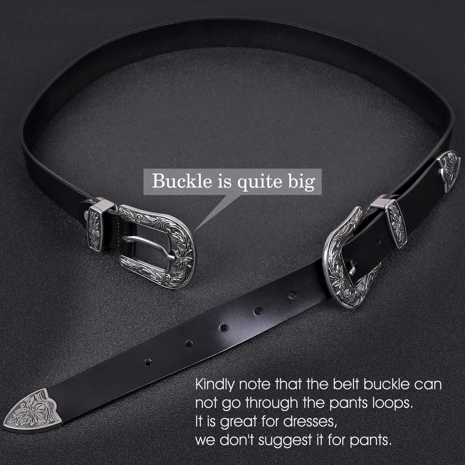SUOSDEY Western Belts for Women Black Leather Belts for Jeans Dresses with Retro Double Buckle