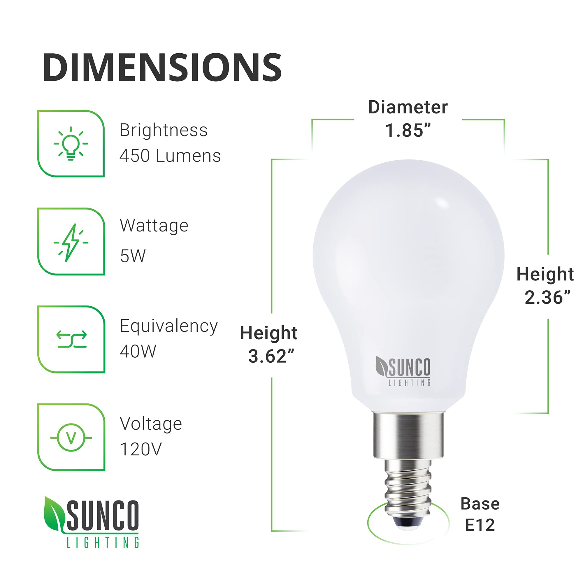 Sunco 10 Pack A15 LED Ceiling Fan Candelabra Light Bulbs E12 Base CRI93 5W Equivalent 40W 3000K Warm White, 450 Lumens, Dimmable Frosted Waterproof Instant On Super Bright Bathroom Indoor Outdoor - UL