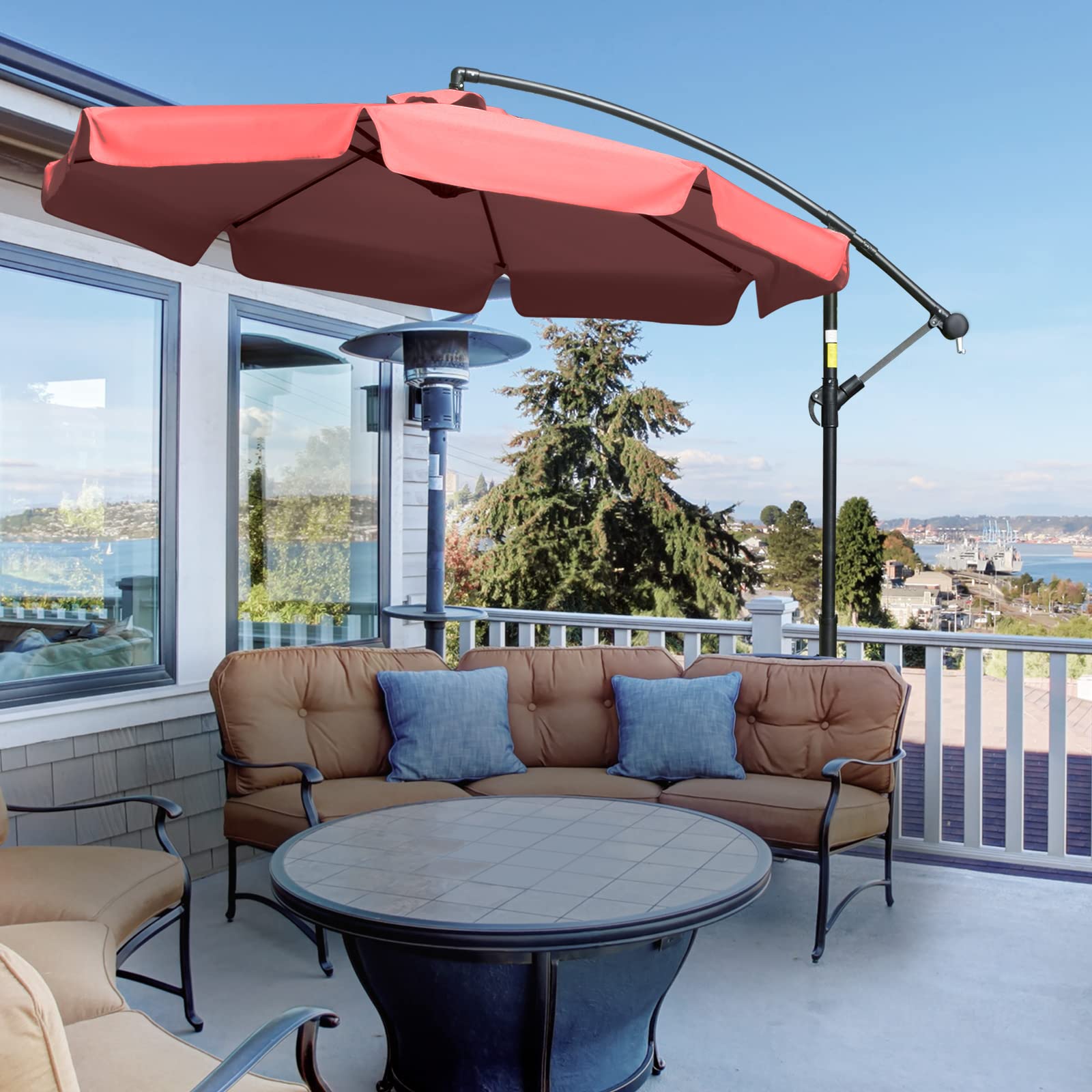 Outsunny 9' Offset Hanging Patio Umbrella, Cantilever Umbrella with Easy Tilt Adjustment, Cross Base and 8 Ribs for Backyard, Poolside, Lawn and Garden, Coffee