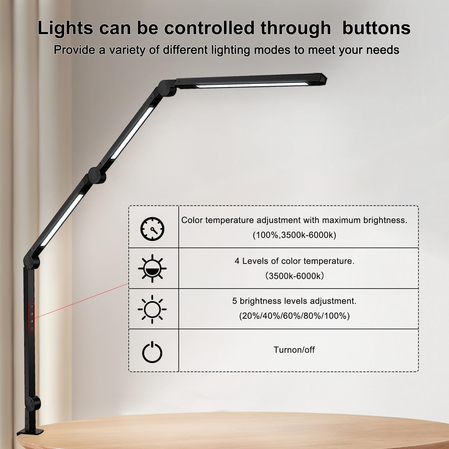vimeepro LED Desk Lamp with Clamp Flexible 4 sections Swing Arm Three light sources desk light, 4 Color Modes & 5 Brightness, Eye Caring Led table light with Memory Function for table lamps for office