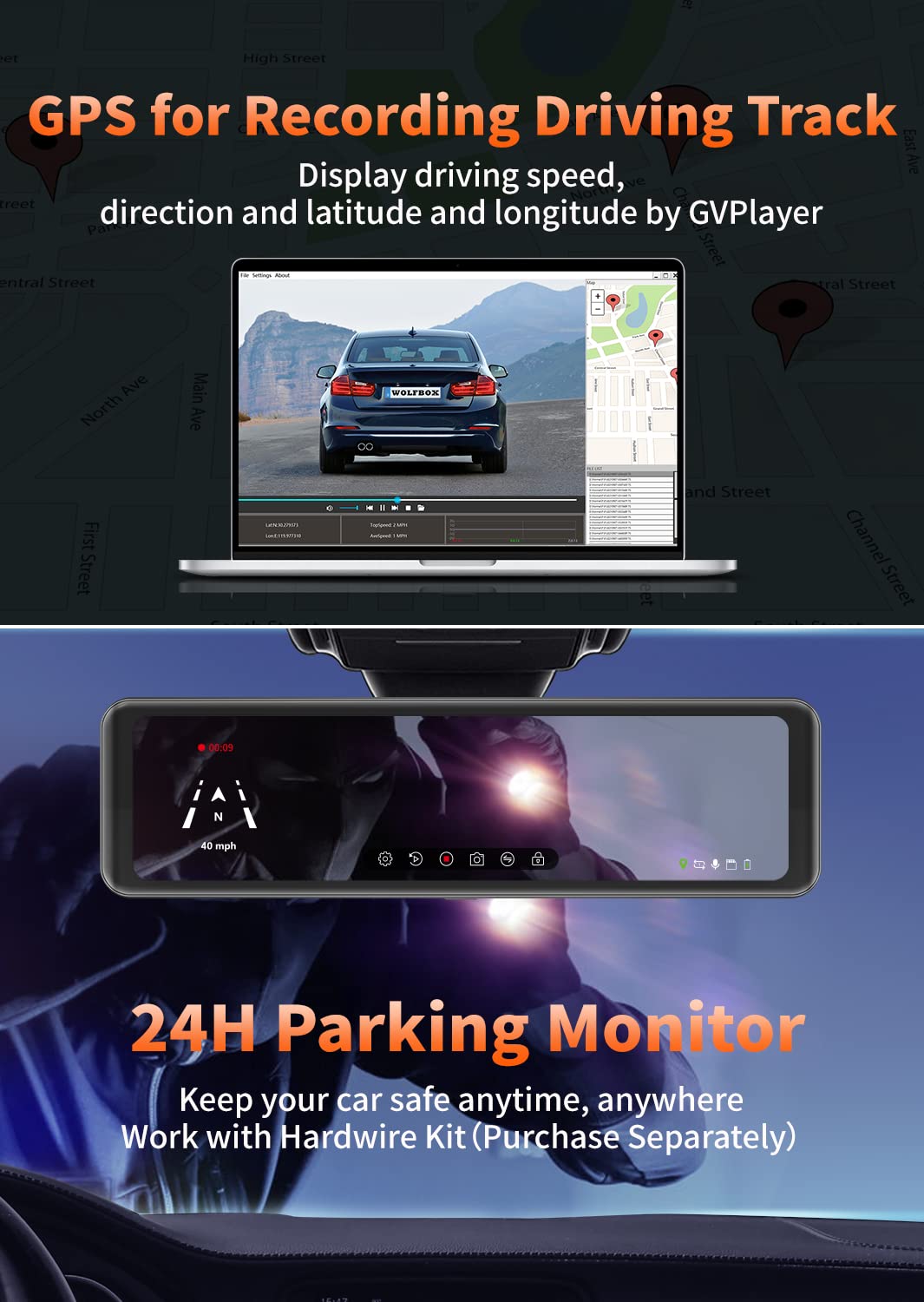 WOLFBOX Mirror Dash Cam Rear View Backup Camera with Detached Front Camera 11" Full HD Touch Screen Dual Split Car Recorder 1080P, Night Vision,Parking Assistance,Wide Angle,GPS&32GB Card