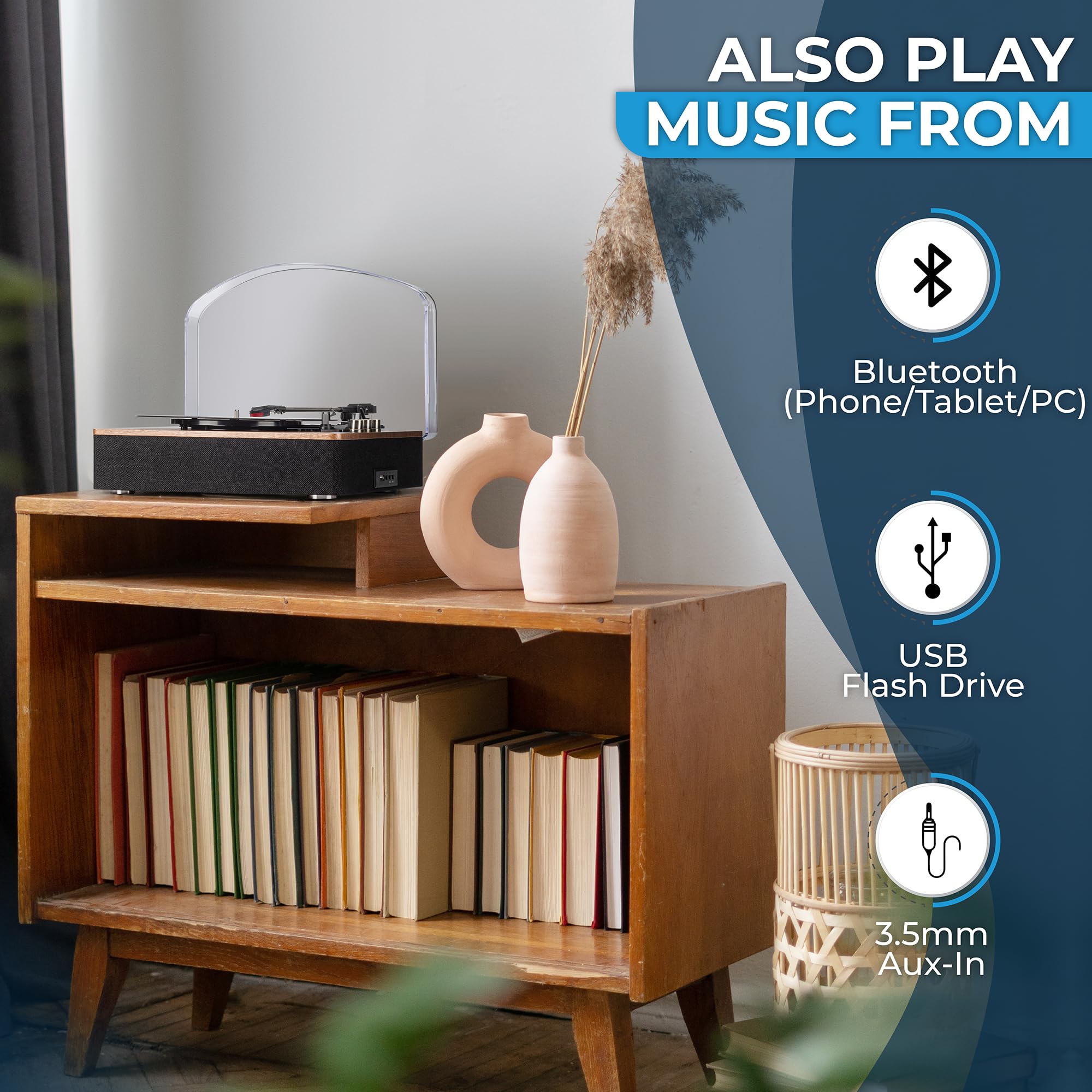 SoundBeast Retro Wooden Turntable with 3 Speed Vinyl Record Player, Built-in Stereo Speakers, Bluetooth, Aux in, USB Playback, & USB Recording to MP3
