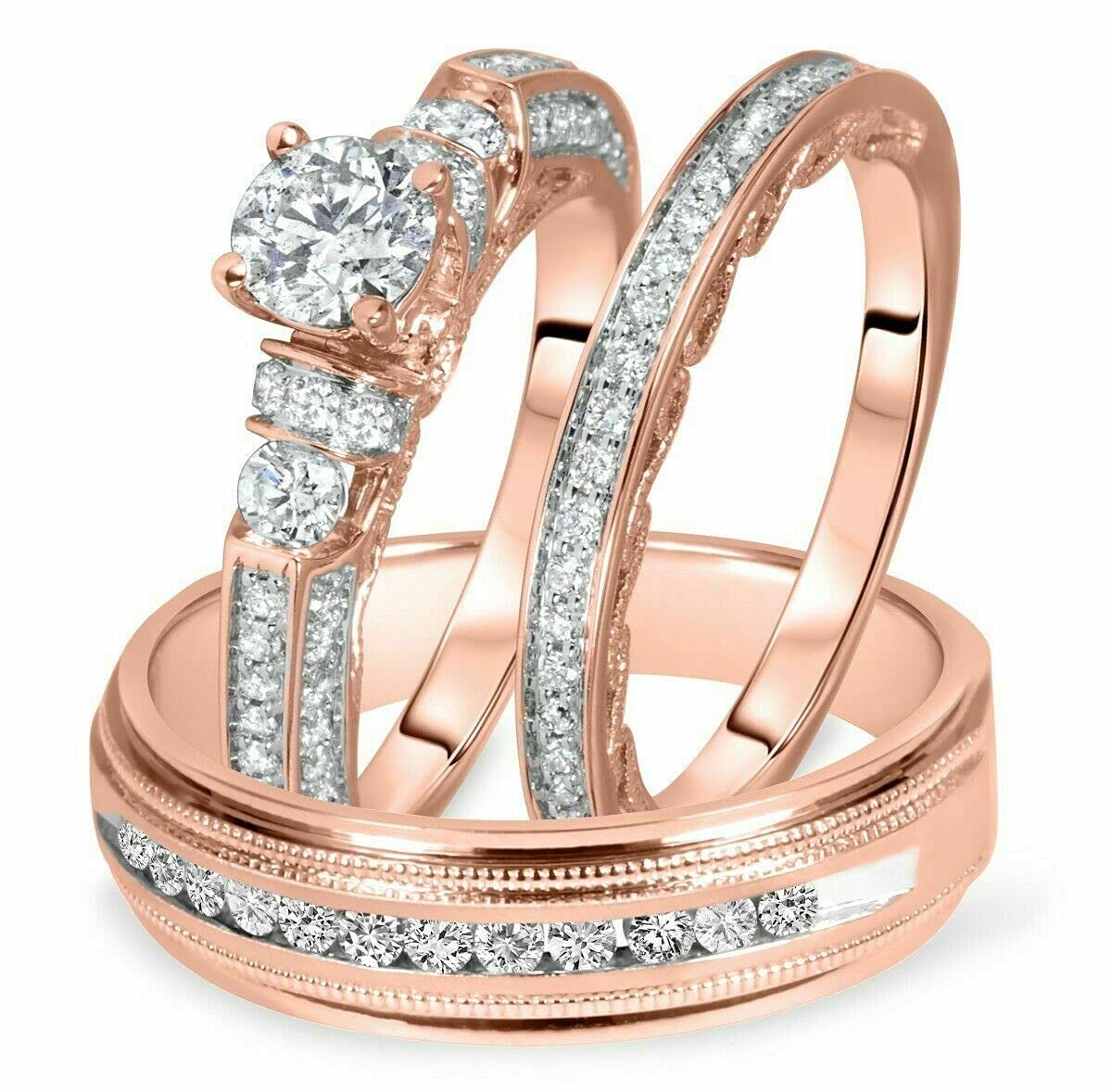 Reyansh Fashion Created Round Cut White Diamond In 925 Sterling Silver 14K Rose Gold Over Diamond Wedding Bridal Engagement Trio Ring Set for Him & Her