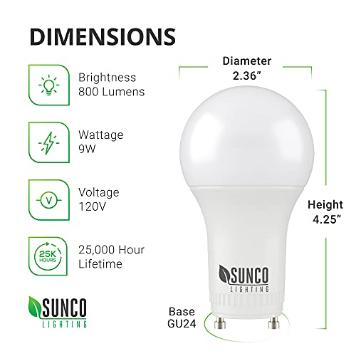 Sunco 6 Pack GU24 LED Light Bulbs 2 Prong A19, CRI91 5000K Daylight, 9W Equivalent 60W, CFL Replacement 800 Lumen, Super Bright Dimmable Twist & Lock GU24 Pin Base with 2 Prongs Instant On UL