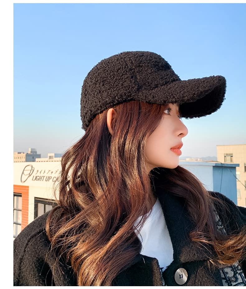 Women Men Winter-Warm Baseball Caps Faux-Lamb-Wool Teddy-Fleece Baseball Hats Adjustable Outdoor Cap (M, Black)