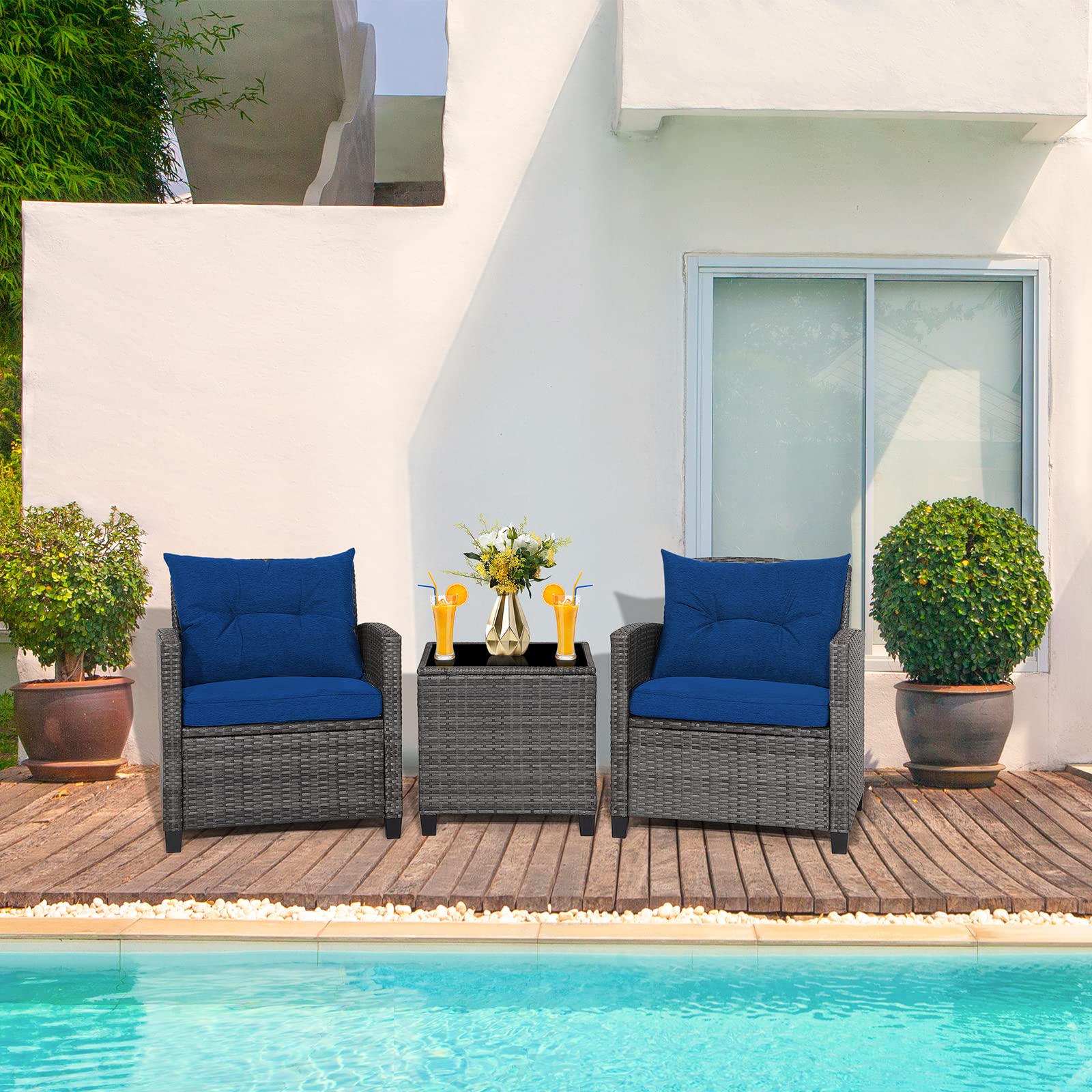 RELAX4LIFE Wicker Patio Furniture Sets - 3 Pieces Patio Rattan Sofa Set, Outdoor Conversation Set with Tempered Glass Tabletop, Heavy-Duty Steel Frame, Wicker Chair Set for Poolside, Backyard, Navy