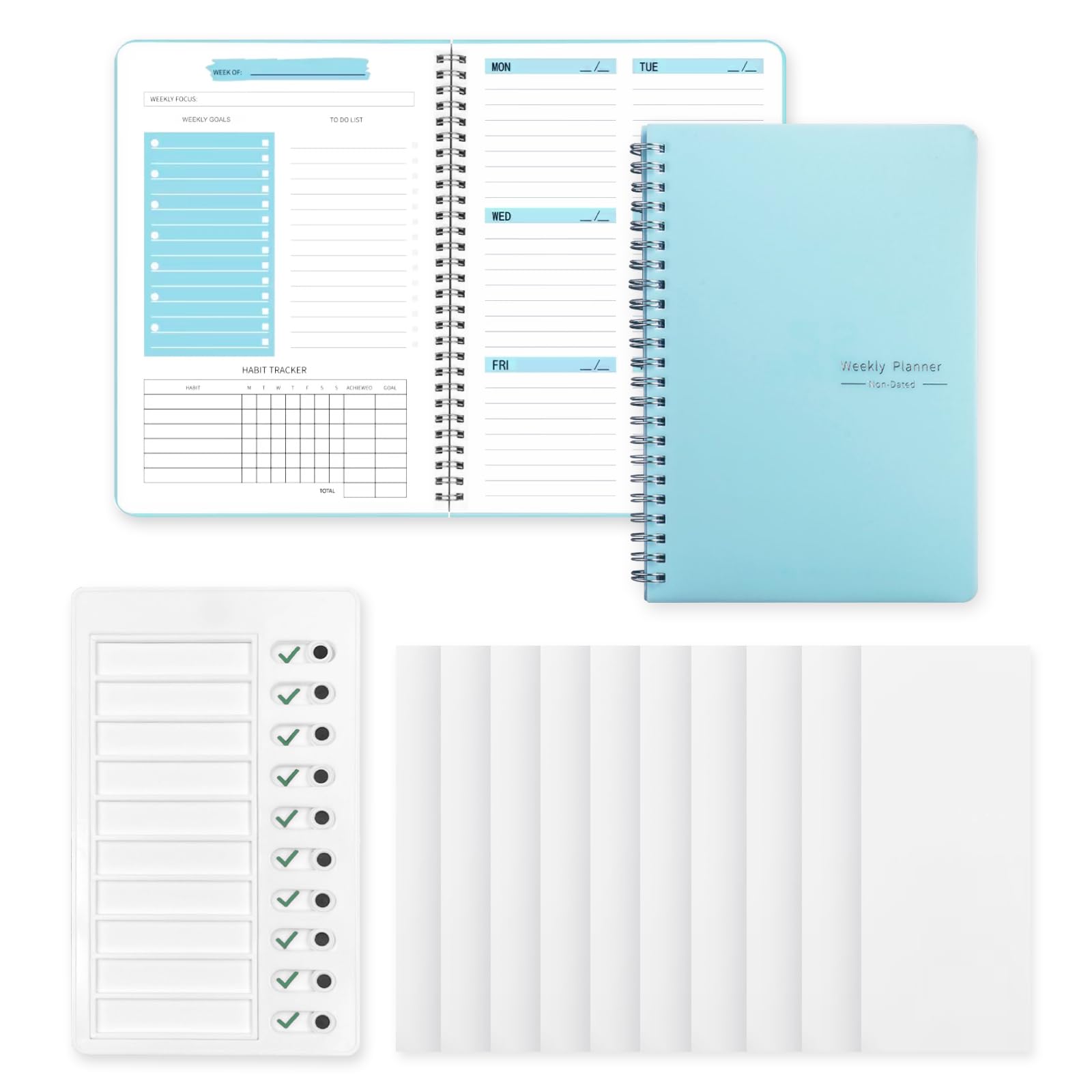 Undated Weekly Planner Habit Tracker Notebook A5 Size with Portable Checklist Memo Board Slider, Plastic To Do List Task Board Daily Tracker and Goal Setting Journal for Women Men Chore Office Fitness