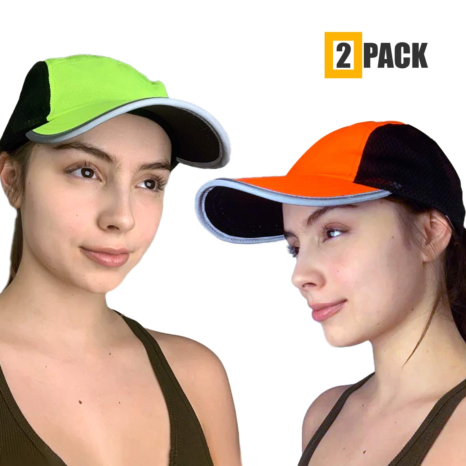 Reflective Running Hat 2pack for Men and Women Reflective Gear for Night Safety Great for Jogging, Sports and Outdoors | Mesh Panel for Breathability, Quick Dry, Lightweight, (Orange/Green)