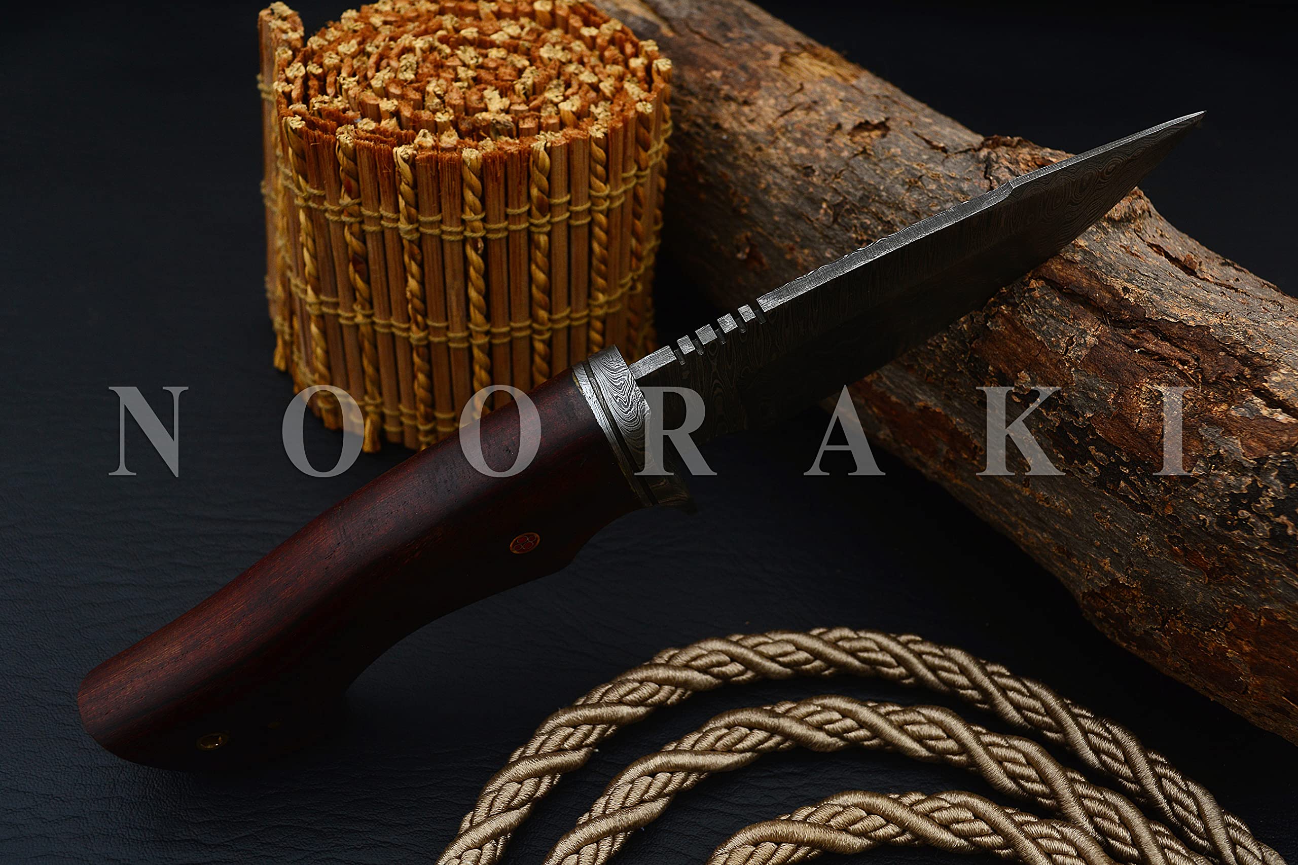 SBK162 Custom Handmade Damascus Steel Knife - Full Tang Rosewood Handle, with Leather Sheath 10inches