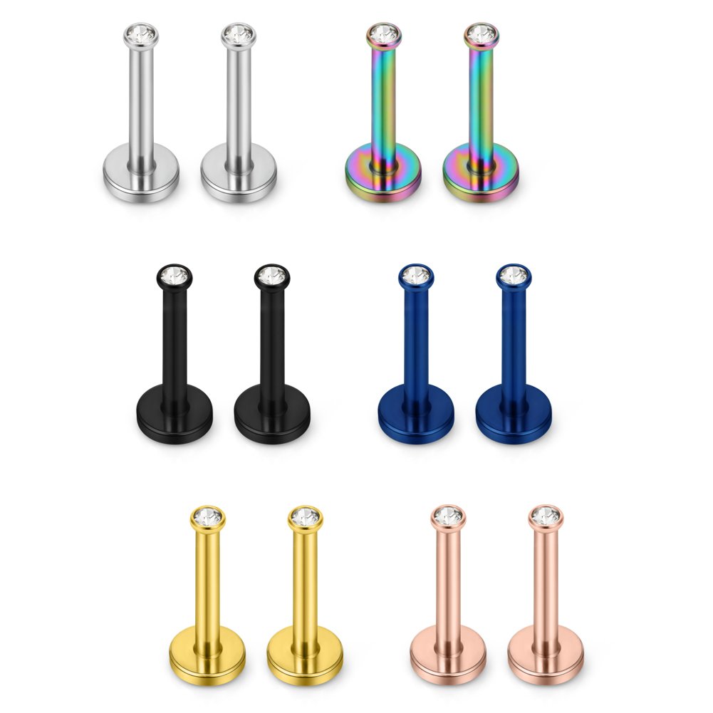 Ruifan 2mm Clear Round CZ Gem Internally Threaded Labret Monroe Lip Ring Tragus Nail Helix Earring Stud Barbell Piercing Jewelry Bar 8mm 16G 12PCS