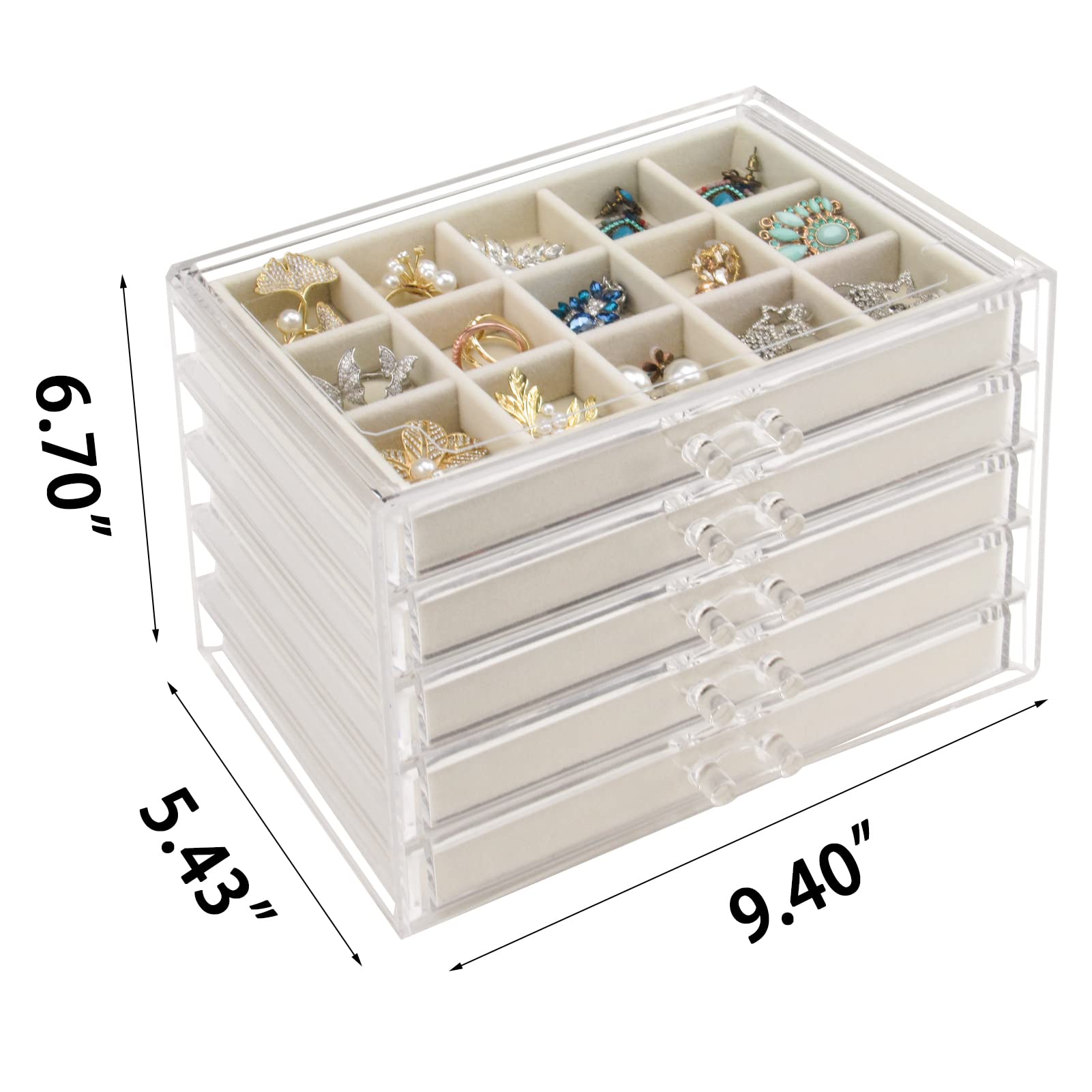 Watpot Acrylic Jewelry Box with 5 Drawers, Clear Earring Storage Organizer Display Case for Women Girls, Beige