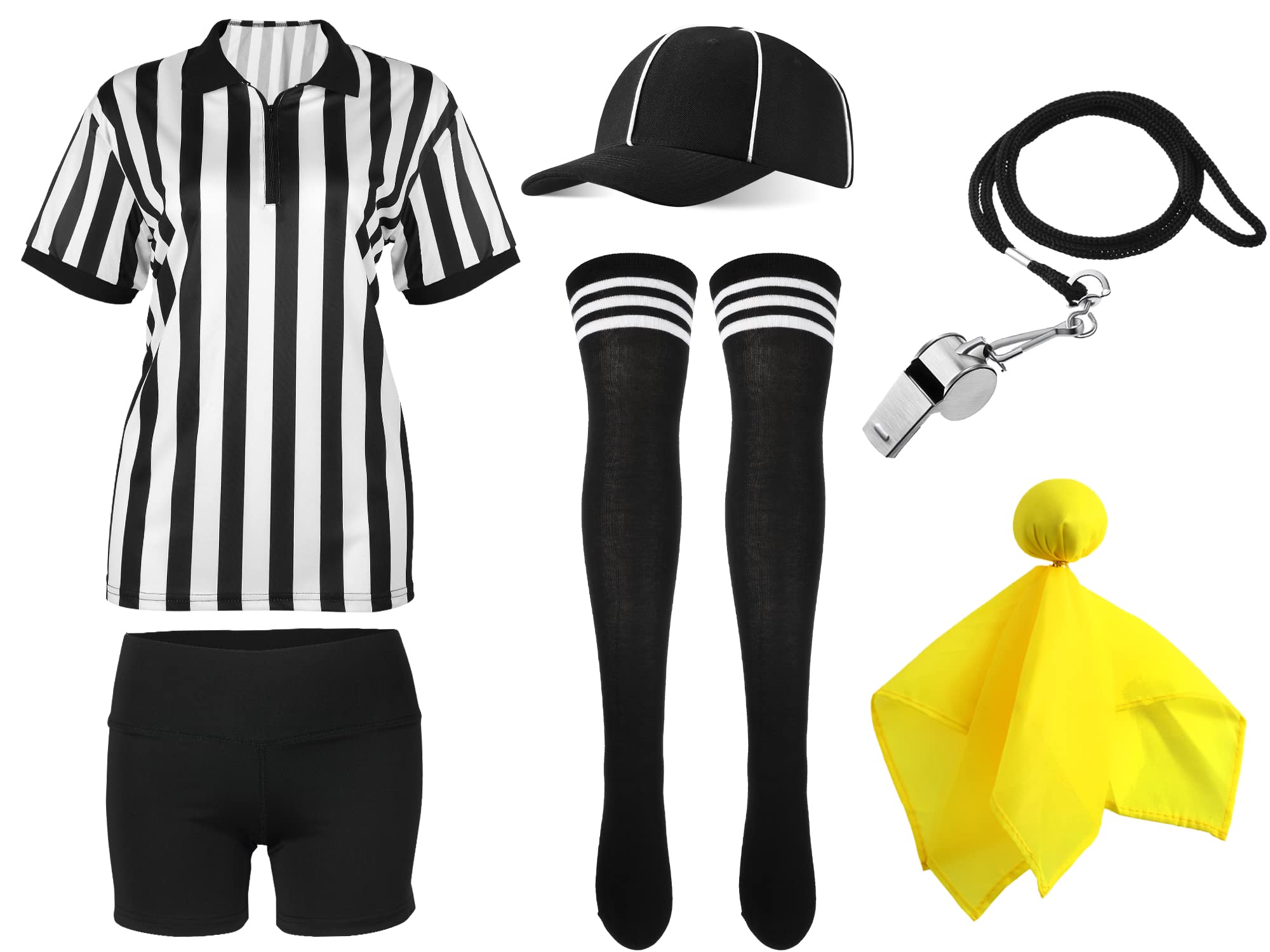 Women Referee Costume Black and White Stripe Ref Shirt Jersey Shorts Referee Hat for Carnival Party Halloween Cosplay Party (Small)