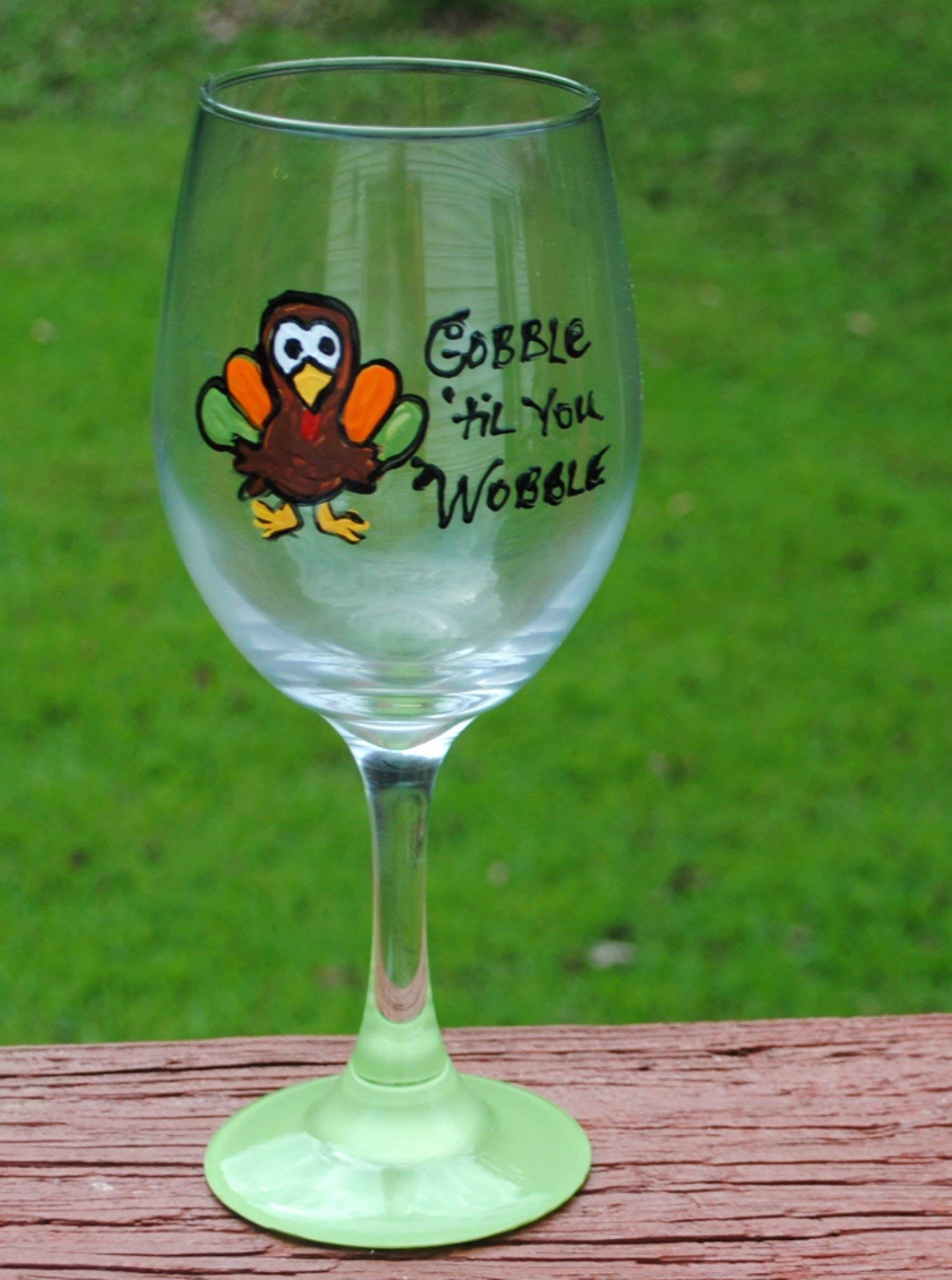 Thanksgiving Turkey Orange Green Gobble Til You Wobble Hand Painted Wine Glasses Set of 2