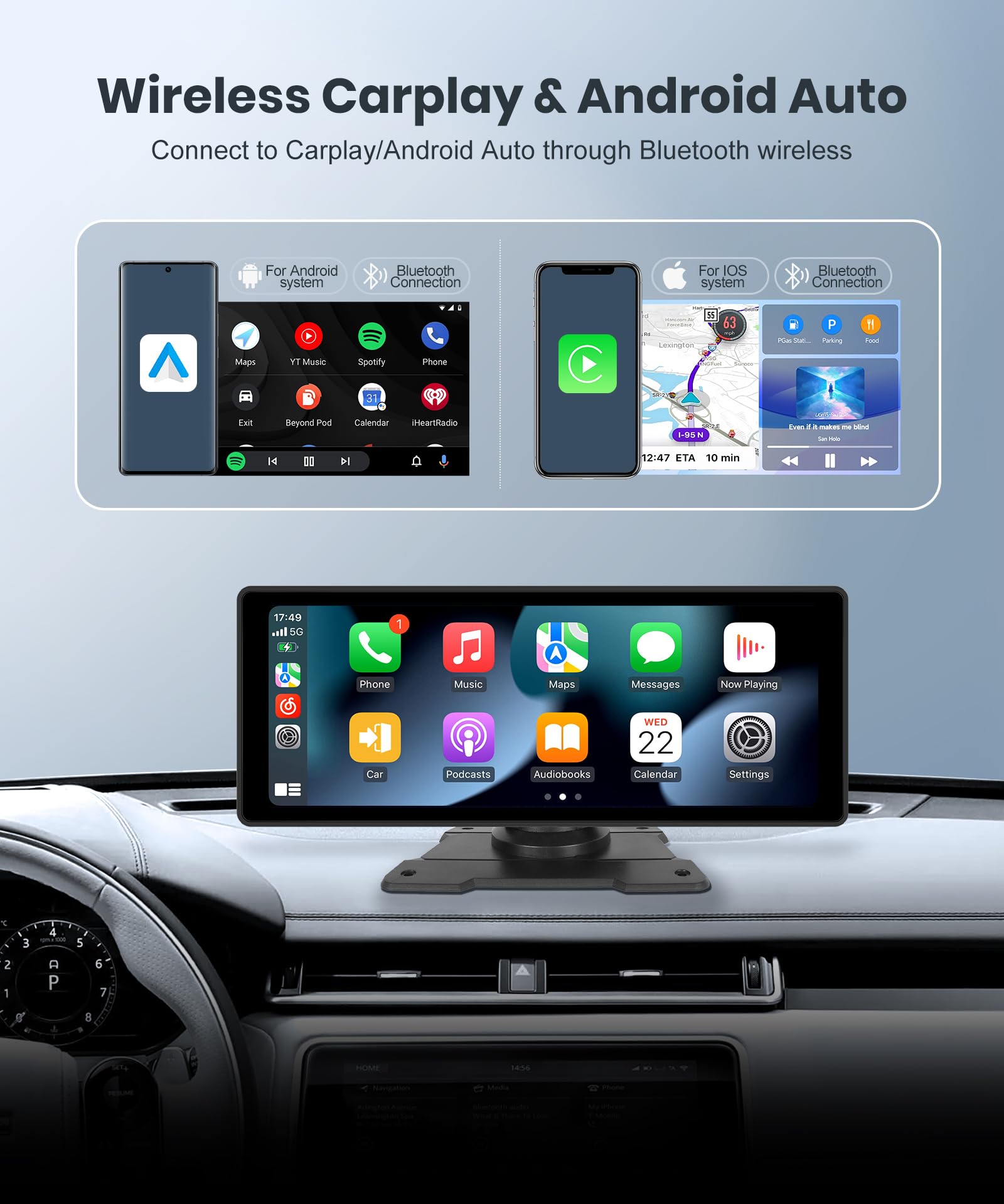 Podofo Wireless Apple Carplay Car Stereo,10.26” IPS Touch Screen Car Radio Support Android Auto with Mirror Link, Car Play Navigation, Bluetooth, USB, EQ Audio, AUX/FM Transmit, for All Vehicles