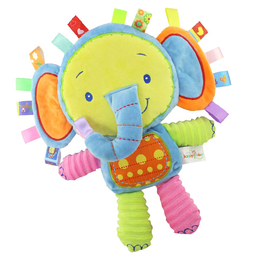 StoHua Baby Tags Toy, Taggie Security Blanket Elephant Stuffed Toy, Baby Plush Sensory Tag Toy with Ribbons & Rattle,Baby Gifts for Newborns,Infant