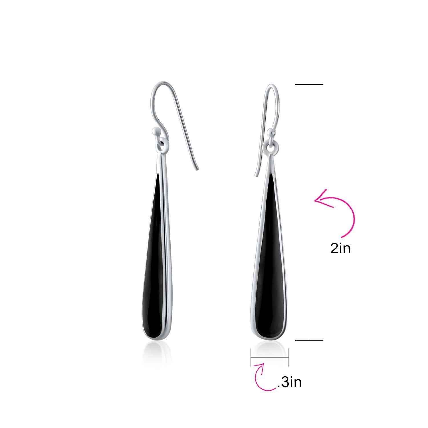 Simplistic Boho Fashion Black Onyx Inlay Long Flat Teardrop Shaped Dangle Earrings For Women Teen .925 Sterling Silver Fish Hook Wire Threader