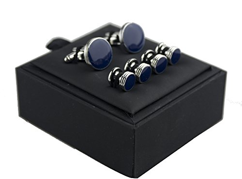 Salutto Men's Cufflinks and Studs Set for Formal French Shirt Formal Navy with Shiny Blue