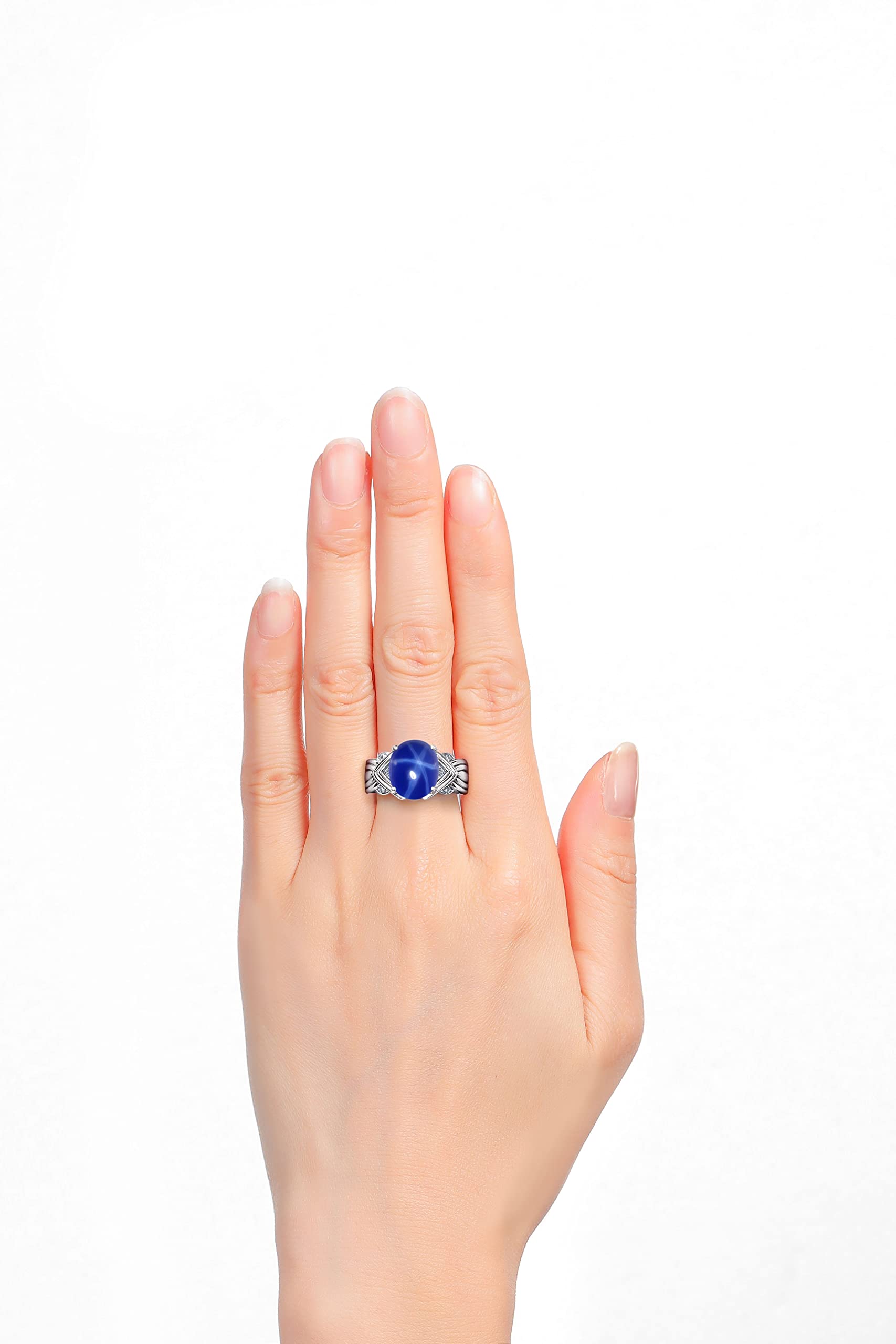 Rylos Rings for Women Sterling Silver Ring 12X10MM Gemstone & Diamonds Great Ring for Middle or Pointer Finger Blue Star Sapphire Jewelry Size 9