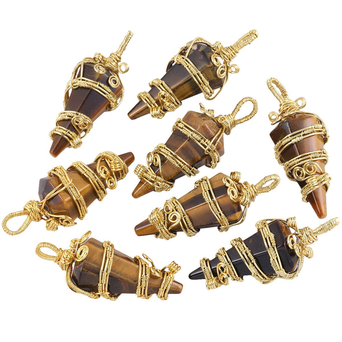 SUNYIK Handmade Wire Wrapped Conical Pendant Necklace for Women Men, Reiki Healing Faceted Hexagonal Crystal Point Pendant for Unisex, Tiger's Eye