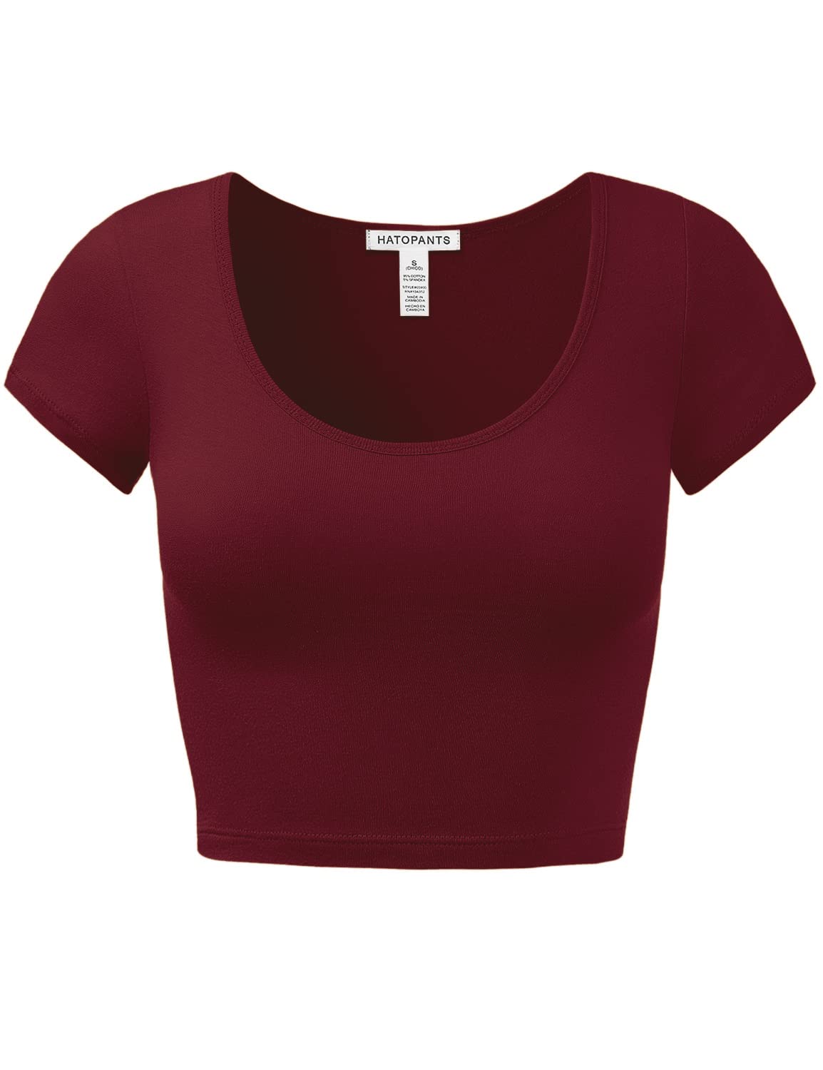 Women's Cotton Basic Scoop Neck Crop Tops Short Sleeve Tops DARKBURGUNDY M
