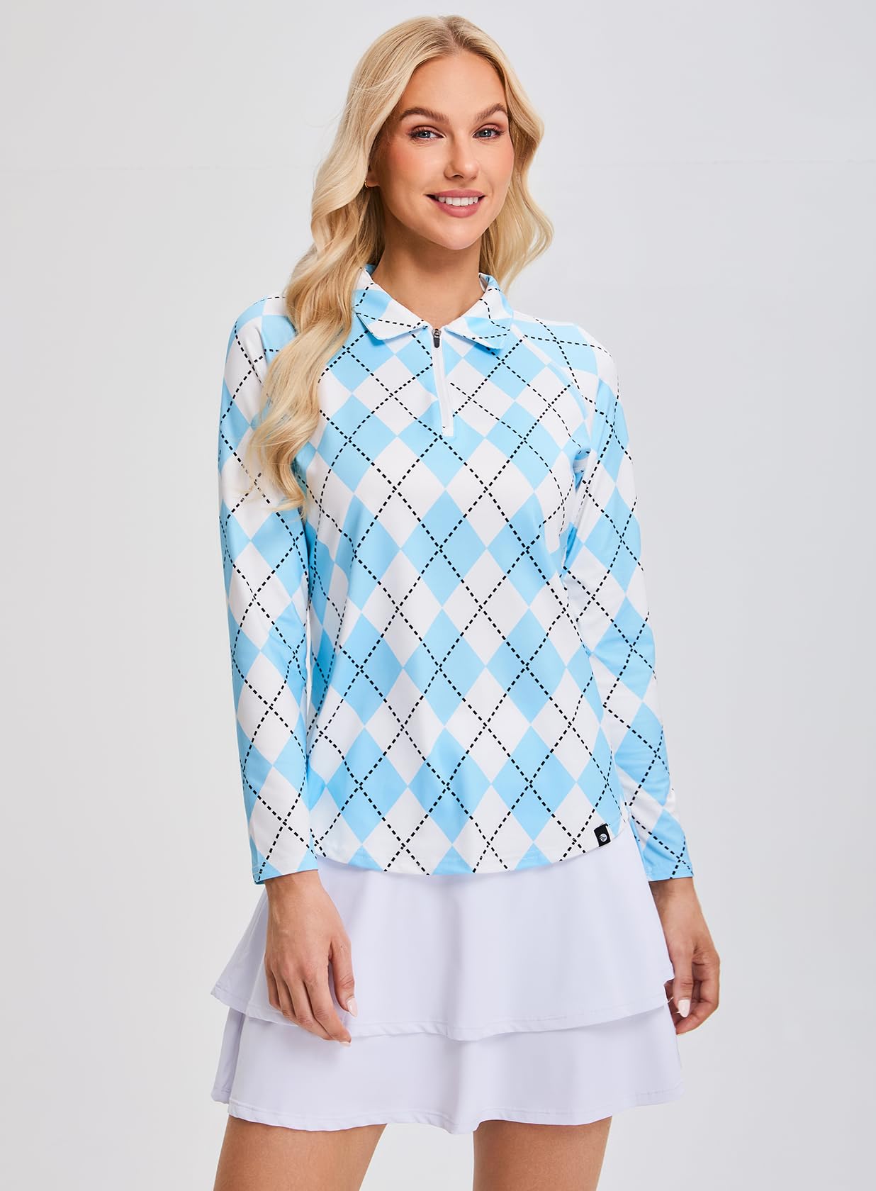 Women Long Sleeve Moisture Wicking Sport Golf Polo Shirt Tops(Blue Plaid,S
