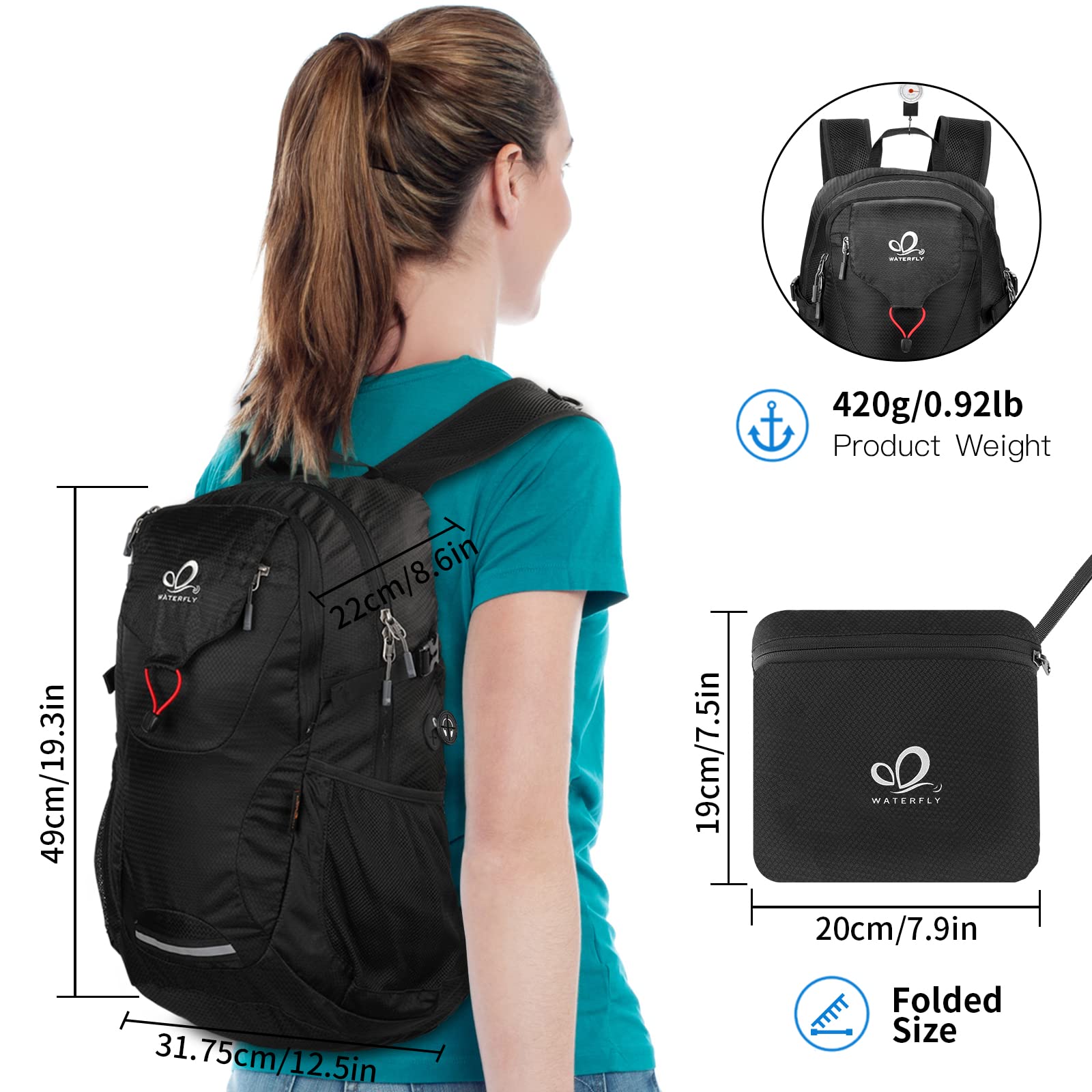 WATERFLY Lightweight Packable Hiking Backpack: Foldable Travel Daypack Ultralight Camping Day Pack for Woman Man