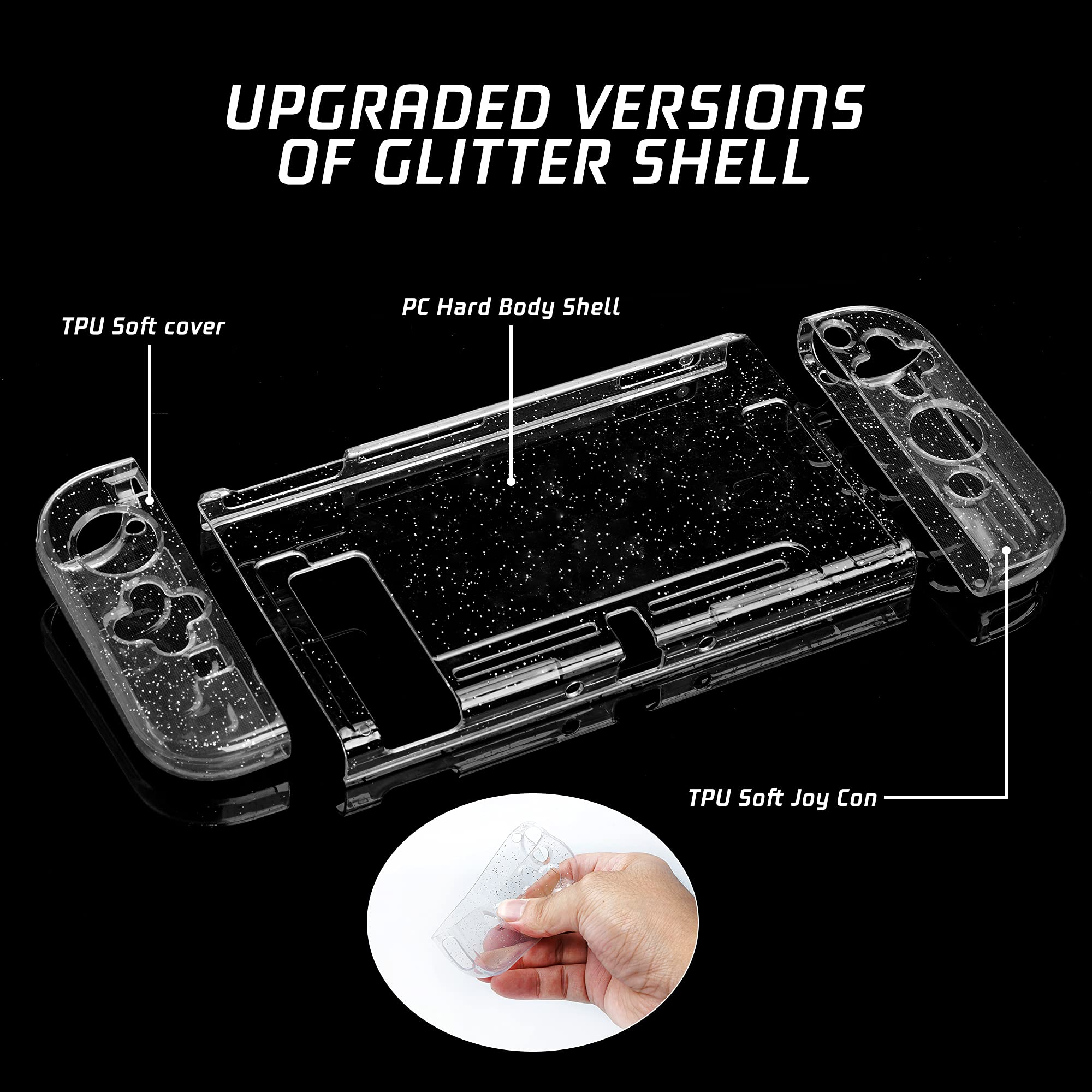 RHOTALL Case for Nintendo Switch Accessories, Glitter Bling Soft TPU Protective Cover for Switch and Joy Con Controller with 2 Cute Cat Paw Thumb Grip Cap - Crystal Glitter