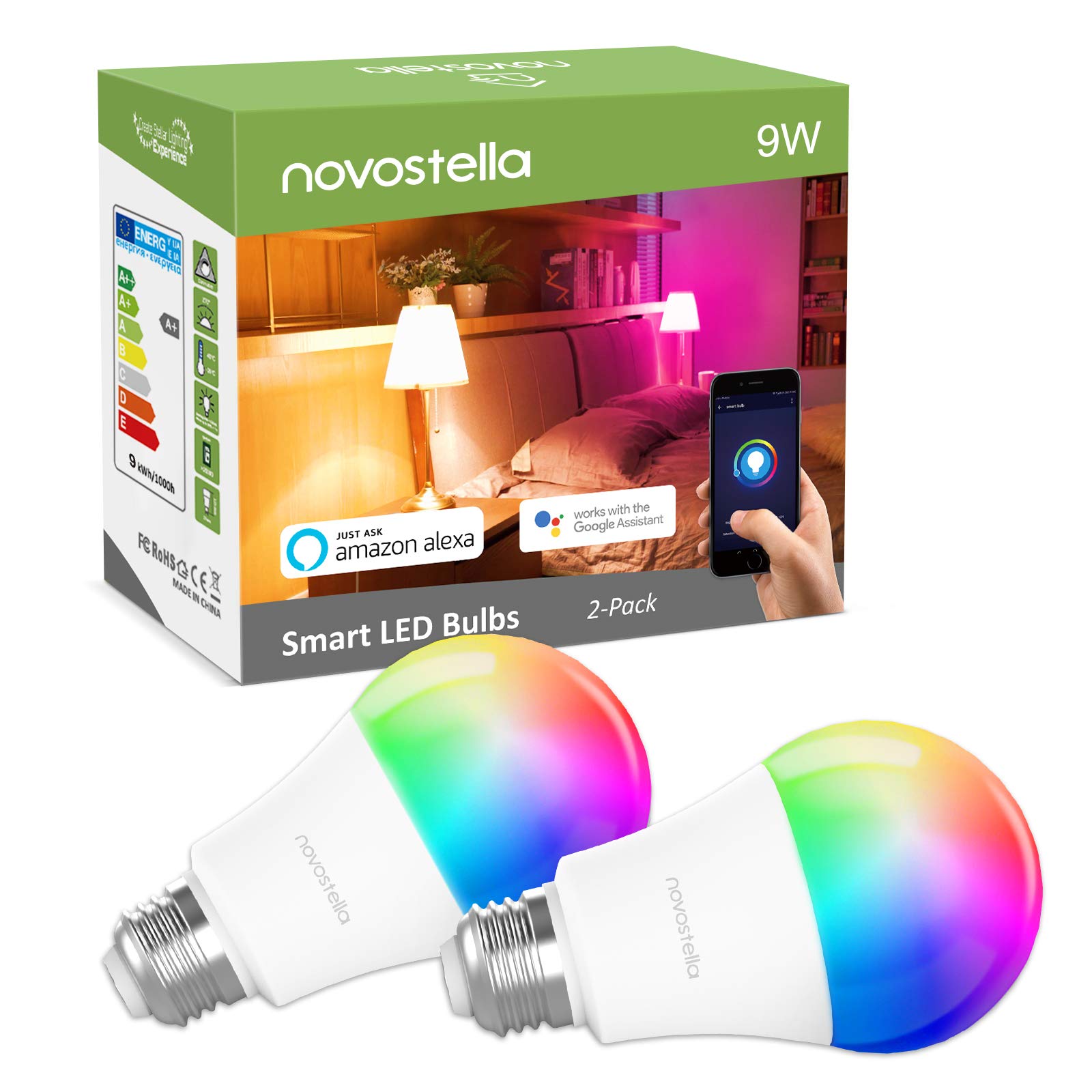 Smart LED Light Bulb, Alexa Light Bulb Color Changing, Soft White (2700K), Multicolored Bulb RGBW A19 9W, E26 Bulb No Hub Required,Compatible with Alexa Google Home, 2 Pack