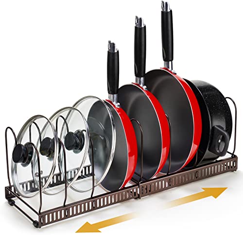 Tomorotec 7+ Pot and Pan Organizer for Cabinet Lid Holder Expandable, Cabinet Pot Lid Storage Rack Organizer for Frying Pan Kitchen(Bronze)