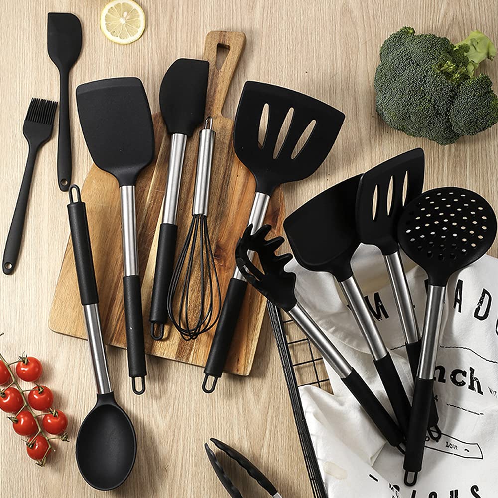 oiuwuig Cooking Utensils Set, Kitchen Utensils 17pcs Cooking Utensils Set, Heat Resistant Non-stick Silicone Kitchen Spatula Set with Stainless Steel Handle (BPA Free, Non Toxic)