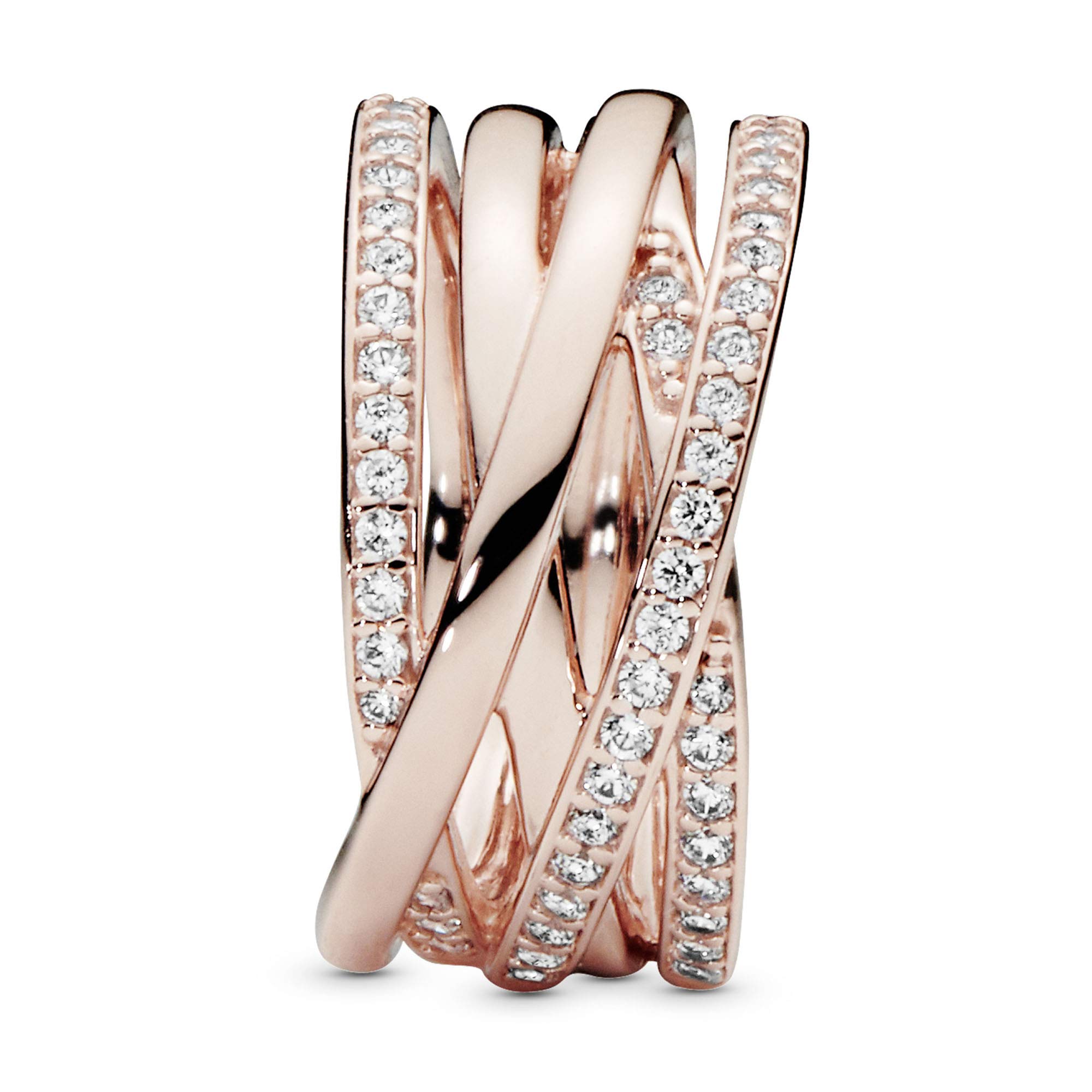 Pandora Sparkling & Polished Lines Entwined Ring - Rose Gold Ring for Women - Chic Cocktail Ring - Gift for Her - 14k Rose Gold-Plated Rose with Cubic Zirconia - Size 8.5