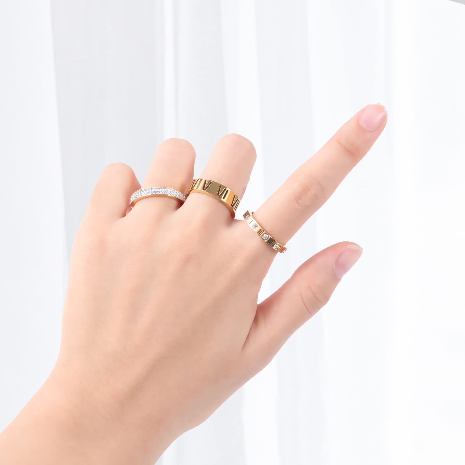 UNAPHYO Roman Numeral Stackable Rings for Women 3pcs Set Stainless Steel Cubic Zirconia Engagement Wedding Bands Stacking Ring Gold Plated Size 7