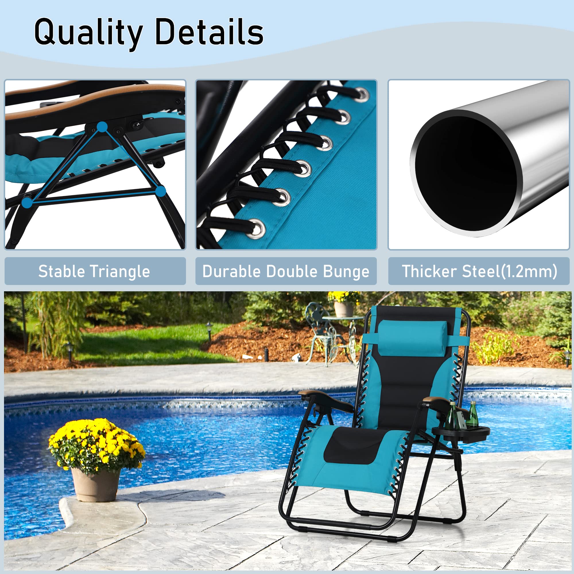 PHI VILLA XXL Oversized Padded Zero Gravity Chair, Foldable Patio Recliner, 30" Wide Seat Anti Gravity Lounger with Cup Holder, Support 400 LBS (Aqua)