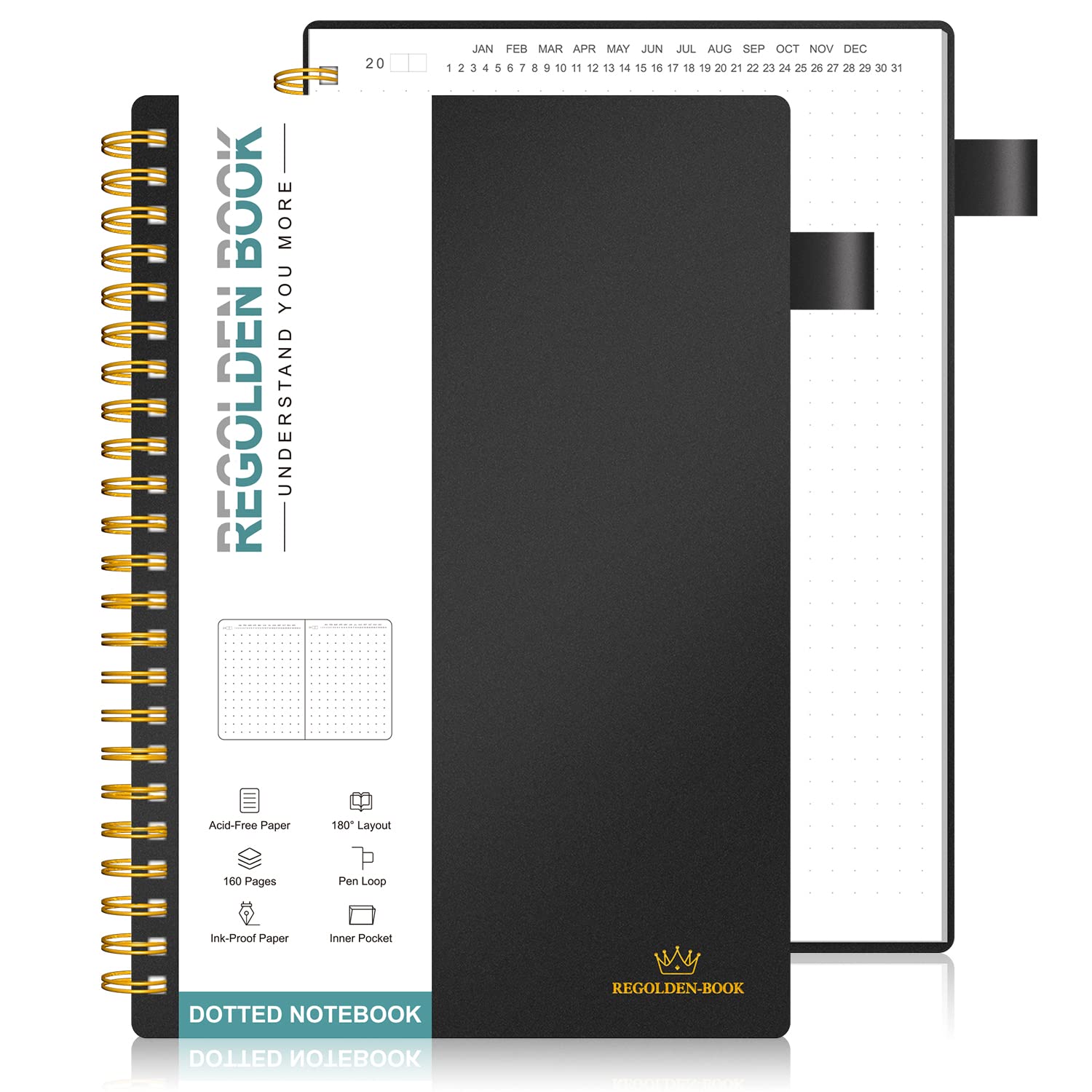 Regolden-Book Undated Spiral Graph Notebook, Medium A5 Squared Notebook, Engineering Math Grid Journal with Pen Holder 160 Pages 5.5x8.5, for Men & Women School/College/Work/Office/Business (Black)